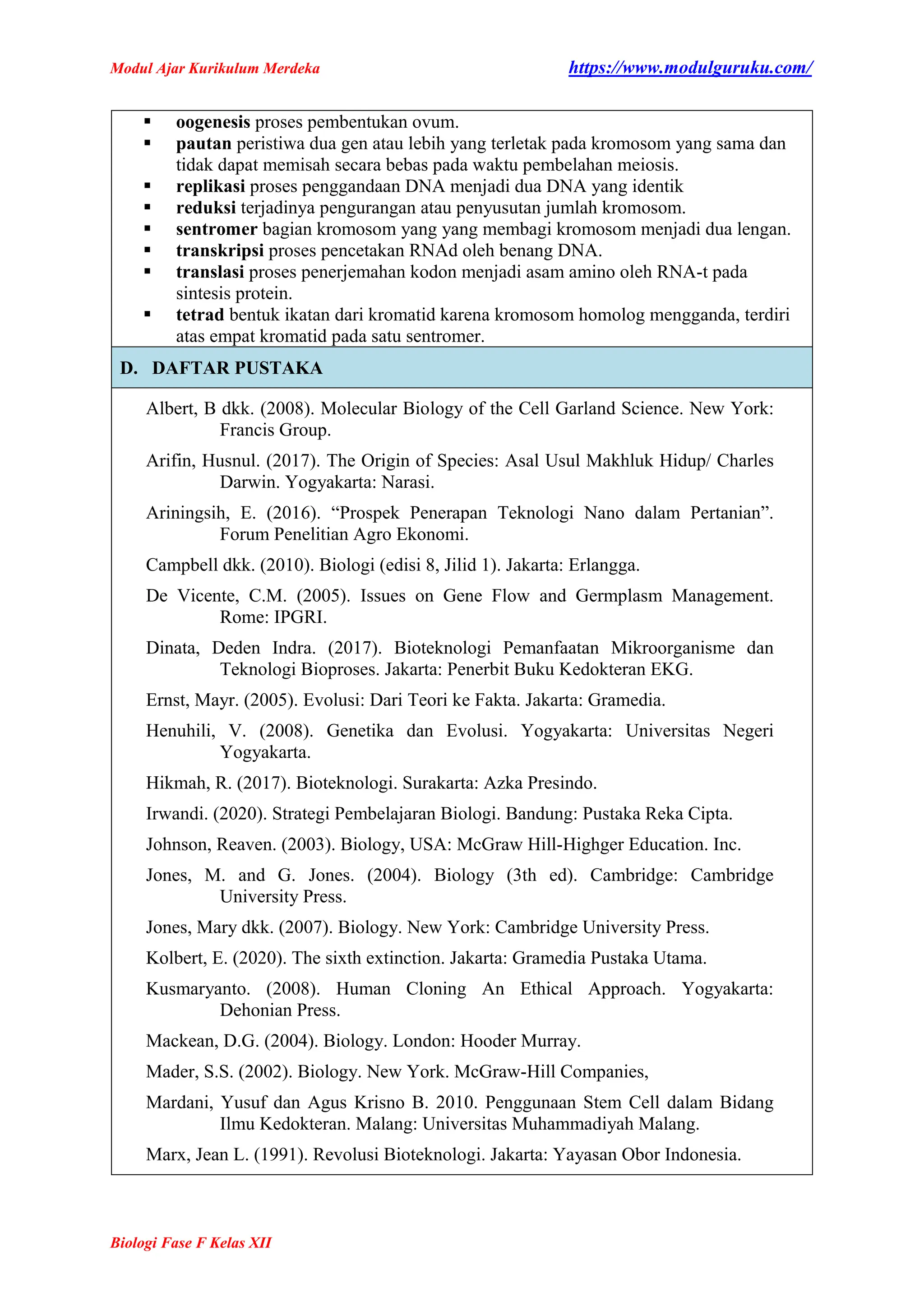 Modul Ajar Biologi Kelas 12 Fase F Kurikulum Merdeka | PDF