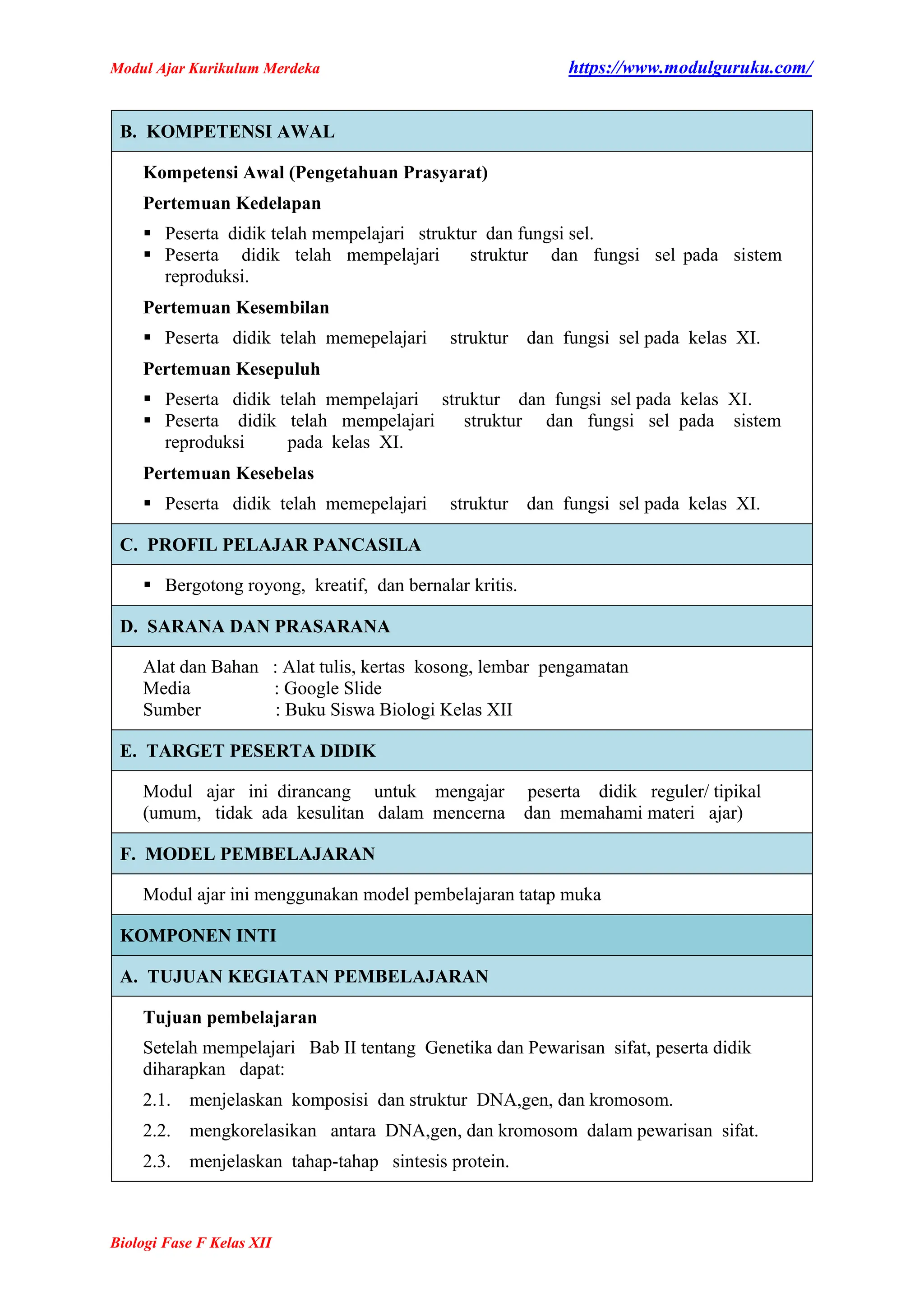 Modul Ajar Biologi Kelas 12 Fase F Kurikulum Merdeka | PDF