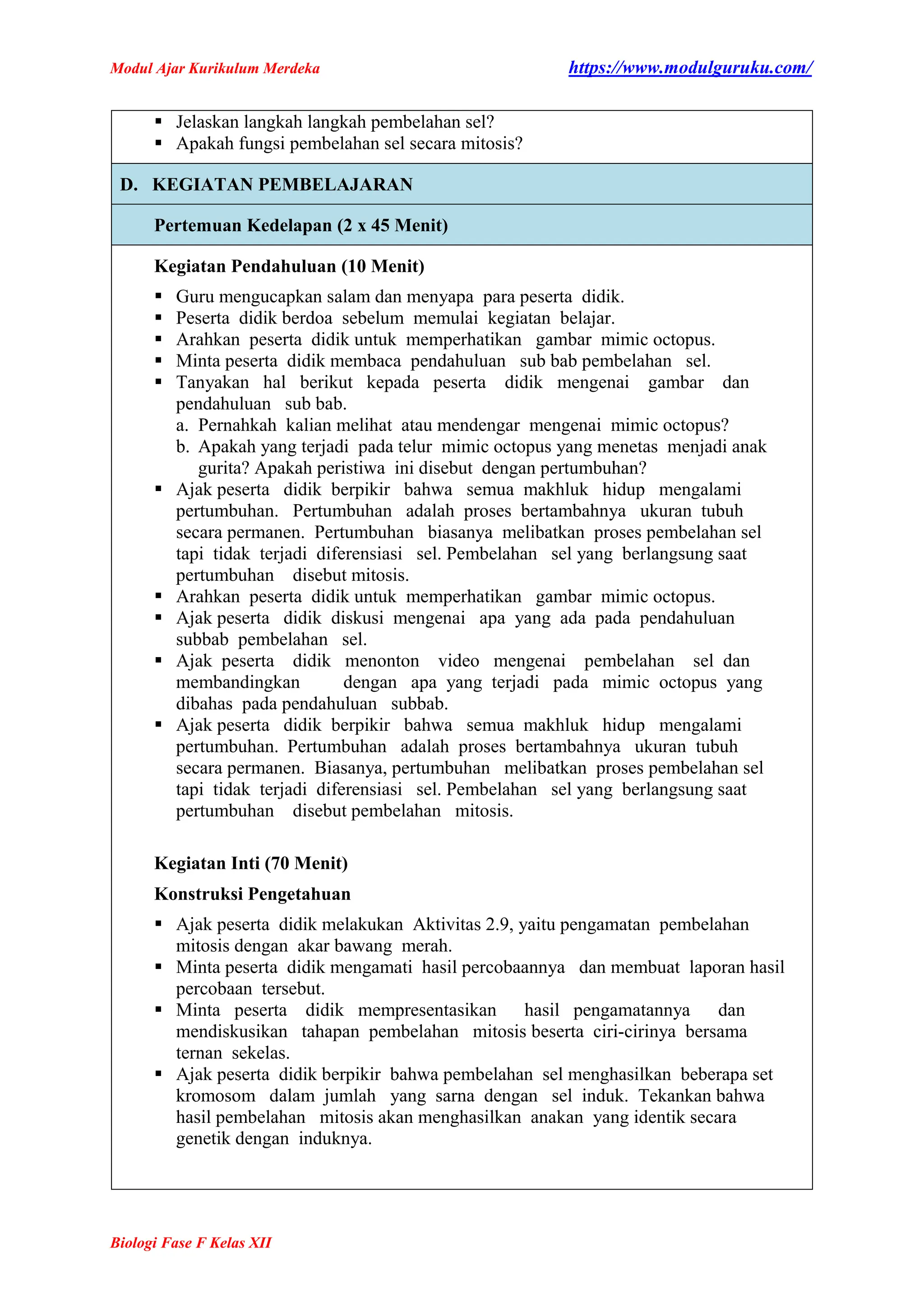 Modul Ajar Biologi Kelas 12 Fase F Kurikulum Merdeka | PDF