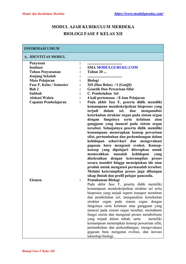 Modul Ajar Biologi Kelas 12 Fase F Kurikulum Merdeka | PDF