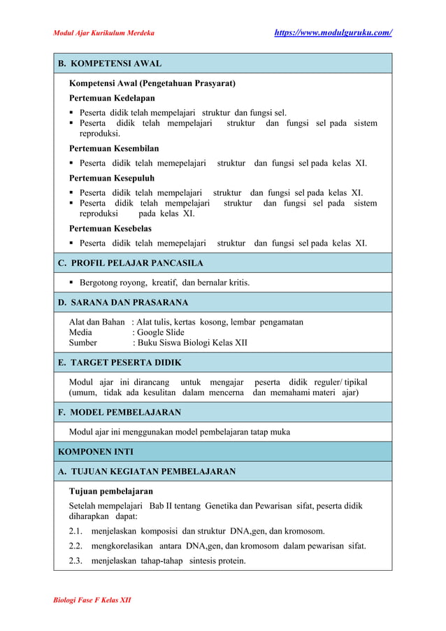 Modul Ajar Biologi Kelas 12 Fase F Kurikulum Merdeka | PDF