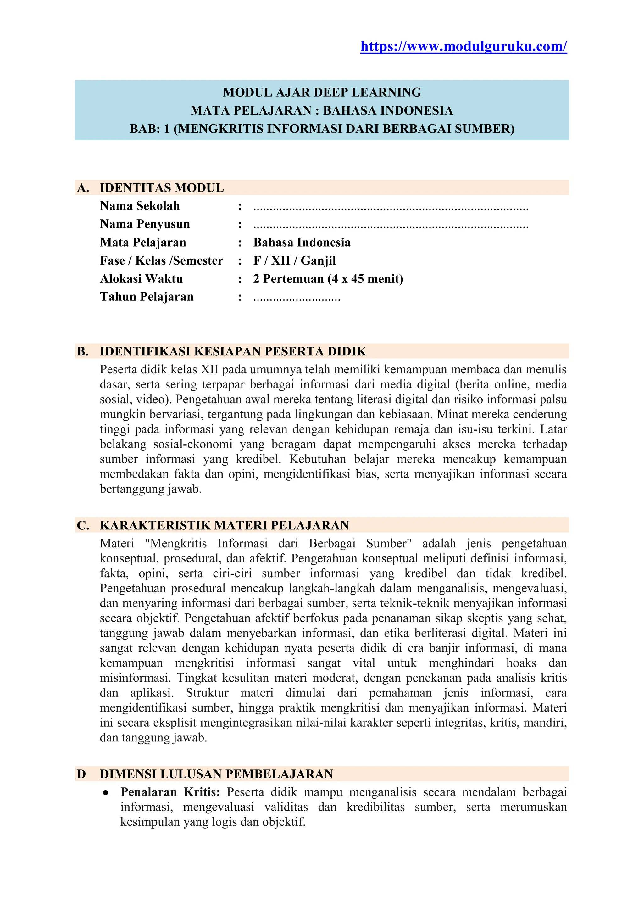 Modul Ajar Deep Learning Bahasa Indonesia Kelas 12 Kurikulum Merdeka | PDF