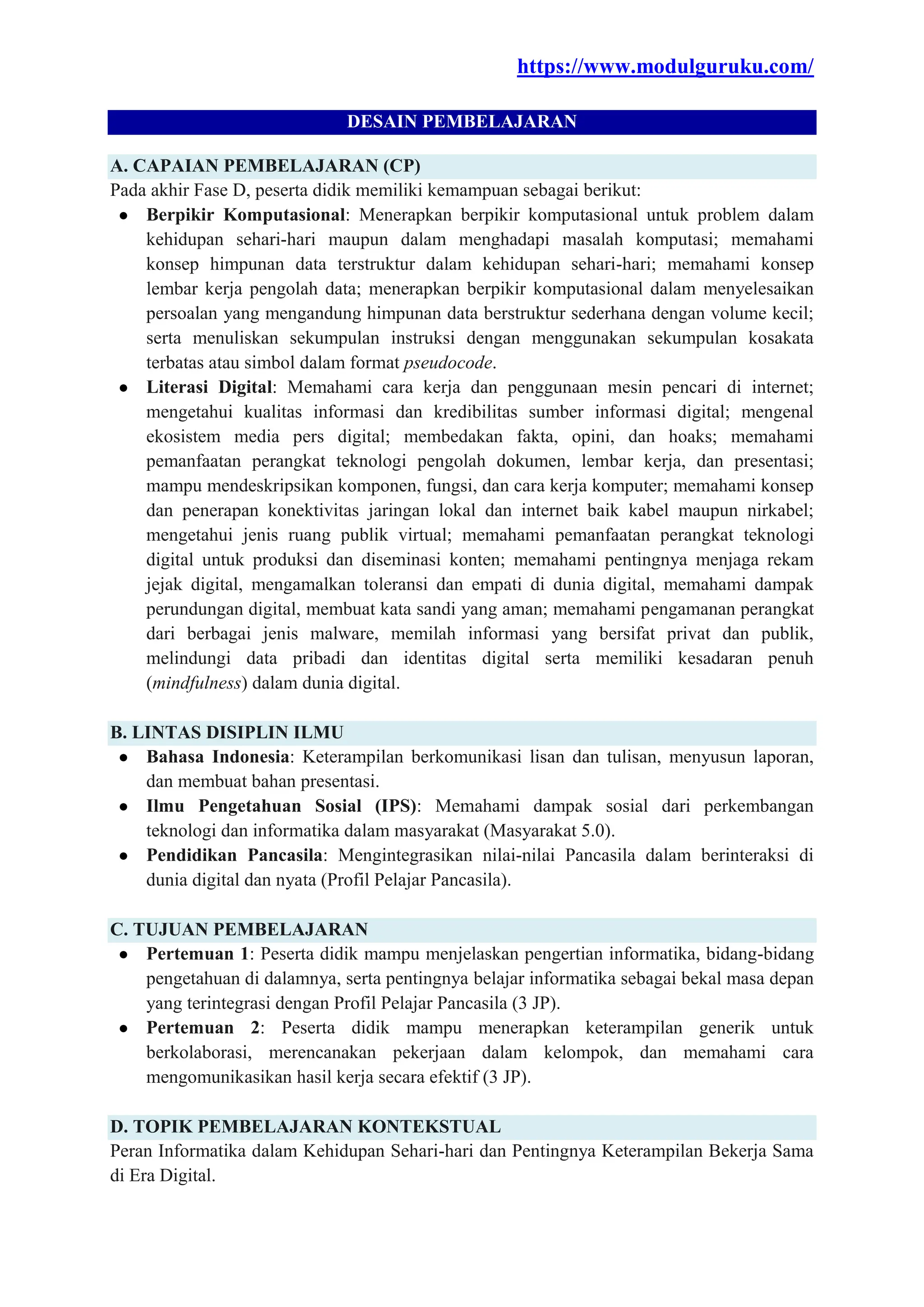 Modul Ajar Deep Learning Informatika Kelas 7 Kurikulum Merdeka | PDF