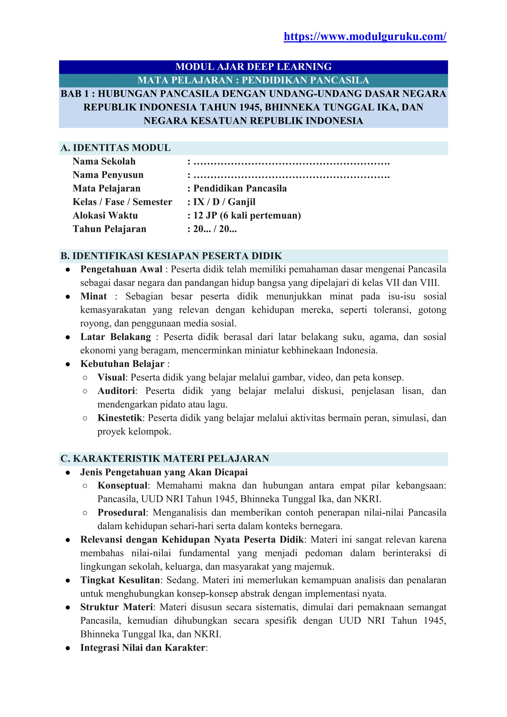 Modul Ajar Deep Learning Pendidikan Pancasila Kelas 9 Kurikulum Merdeka ...