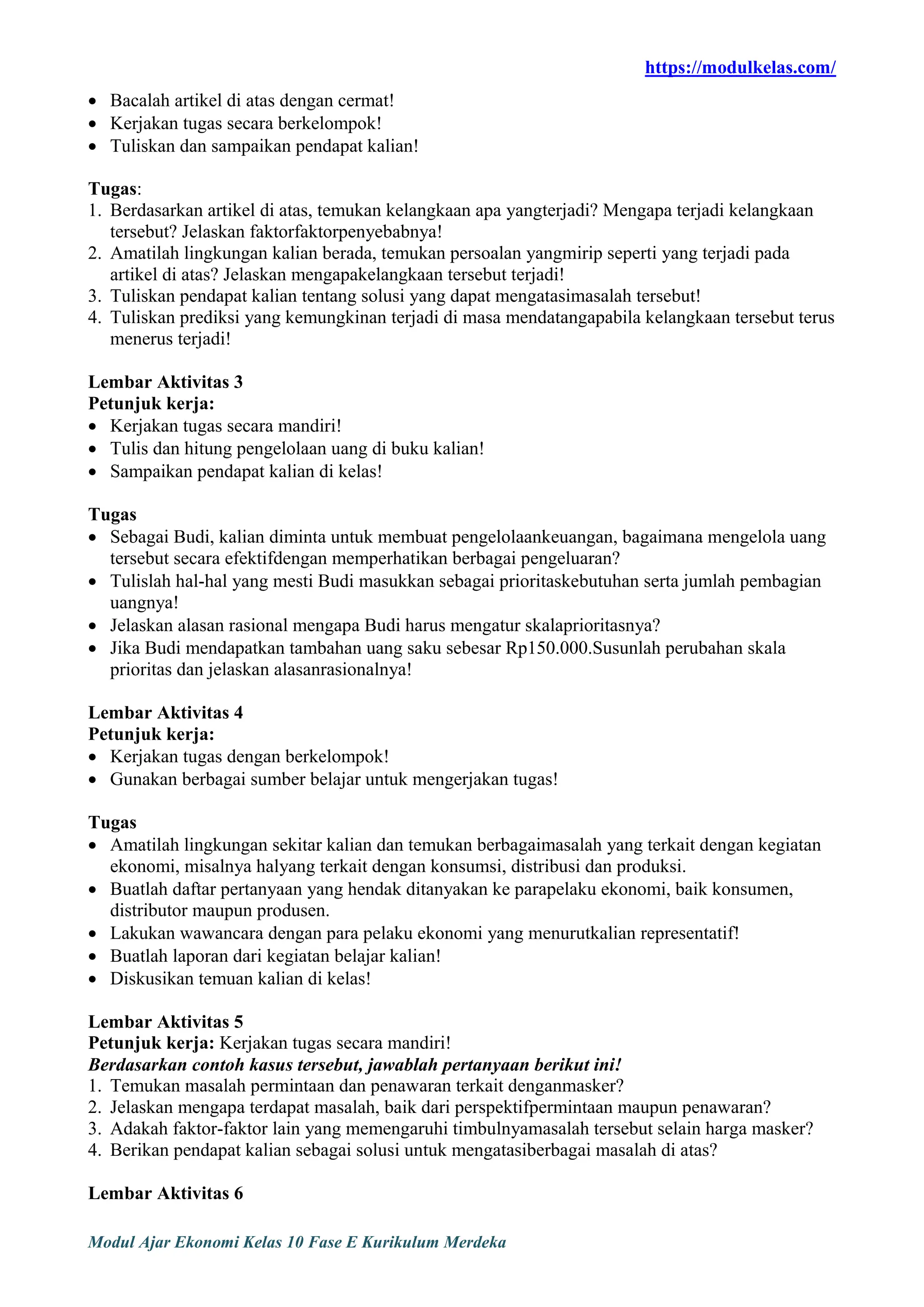 Modul Ajar Ekonomi Kelas 10 SMA/MA Fase E Kurikulum Merdeka | PDF