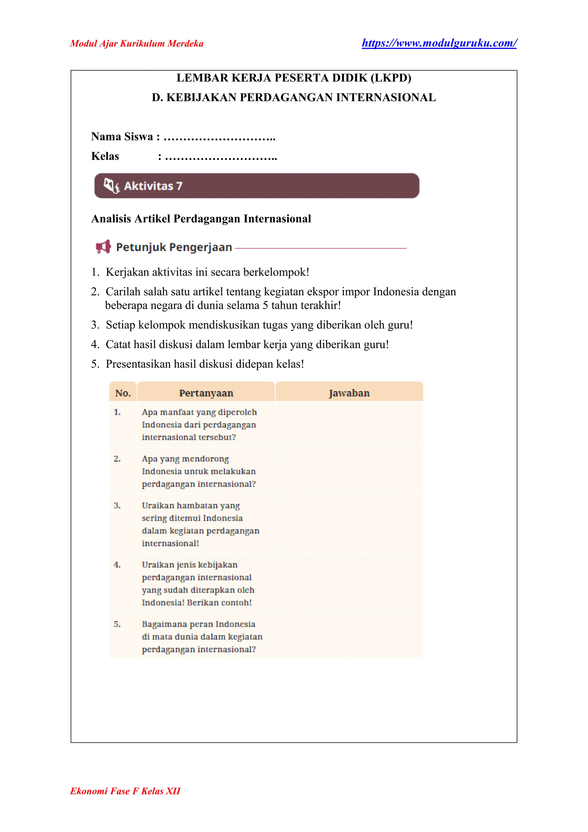 Modul Ajar Ekonomi Kelas 12 Fase F Kurikulum Merdeka | PDF