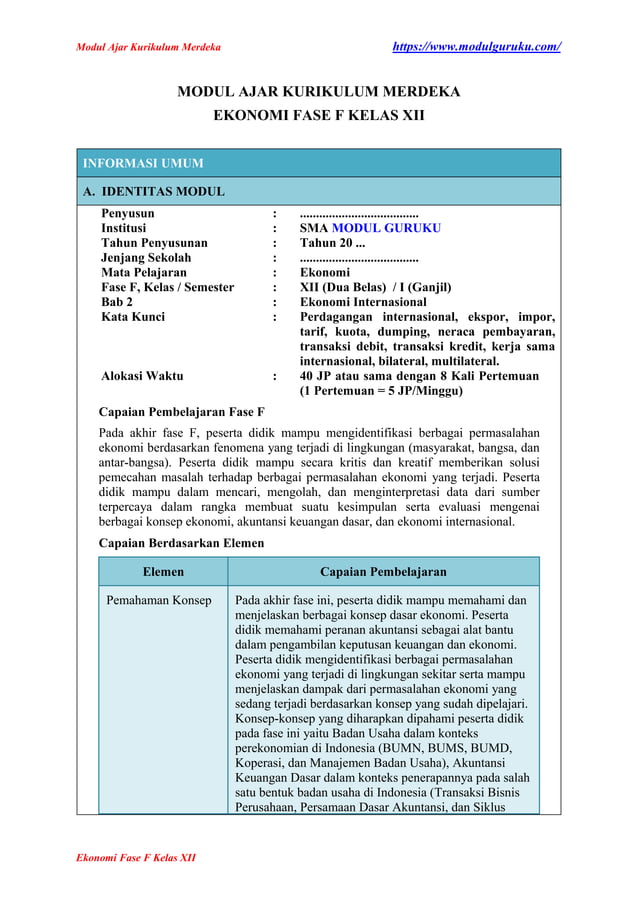 Modul Ajar Ekonomi Kelas 12 Fase F Kurikulum Merdeka | PDF