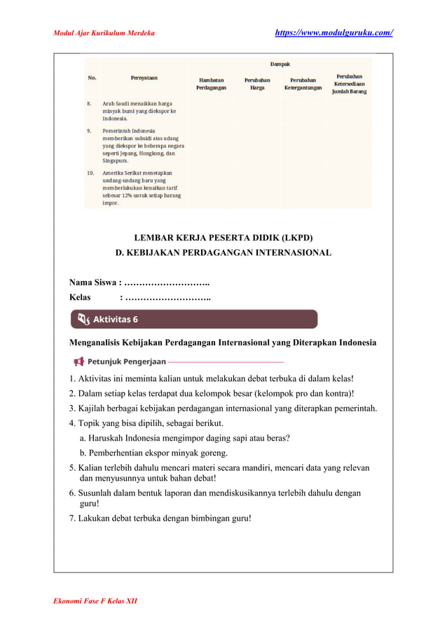 Modul Ajar Ekonomi Kelas 12 Fase F Kurikulum Merdeka | PDF