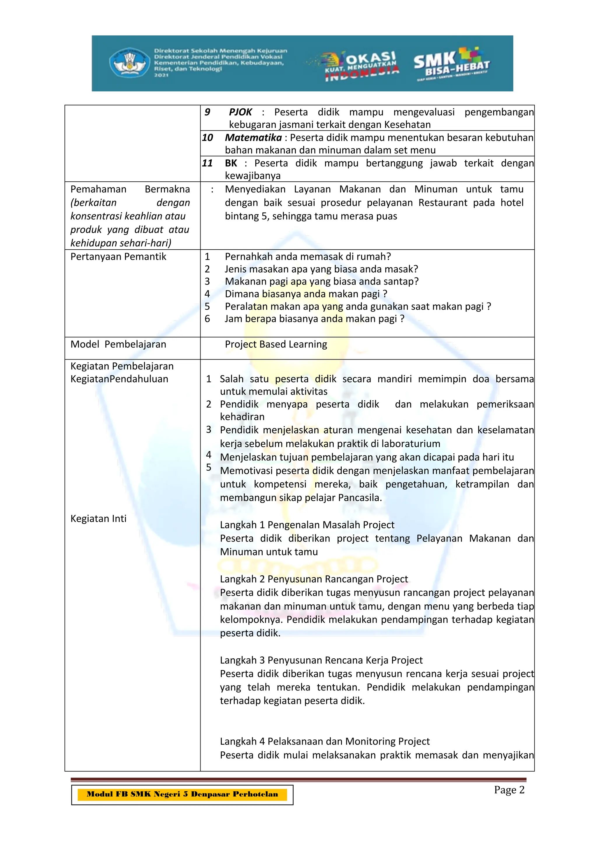Modul Ajar Foob and Beverage Service Kelas XI Perhotelan | PDF