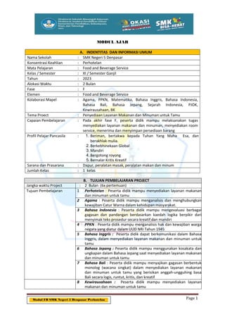 Modul Ajar Foob and Beverage Service Kelas XI Perhotelan | PDF