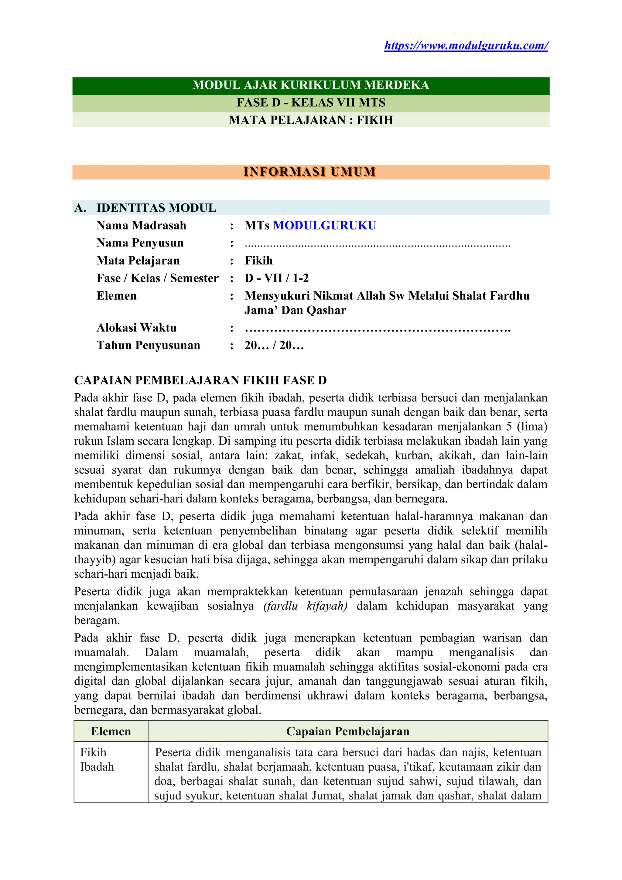 Modul Ajar Fikih Kelas 7 Fase D Kurikulum Merdeka | PDF