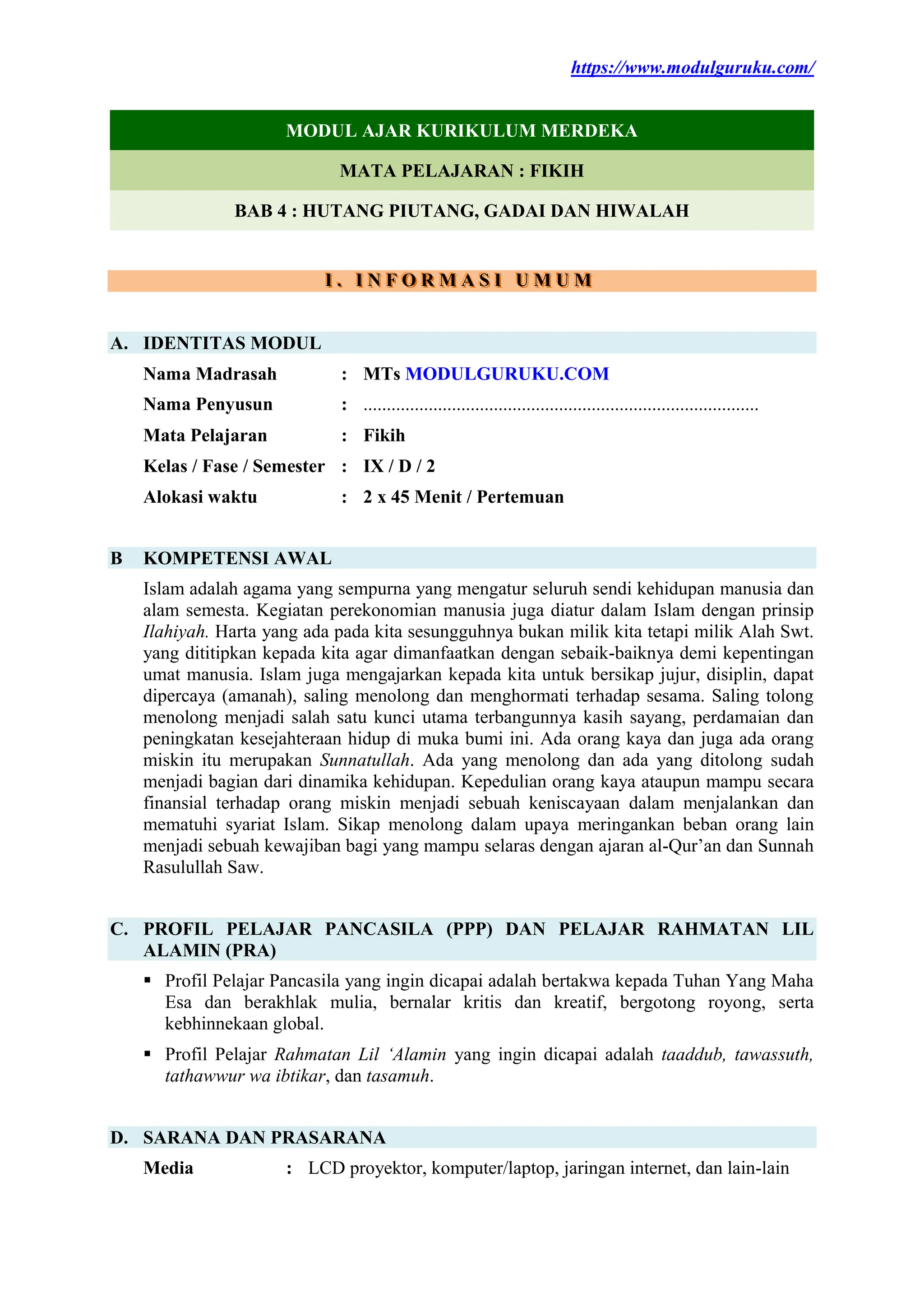 Modul Ajar Fikih Kelas 9 Fase D Kurikulum Merdeka | PDF
