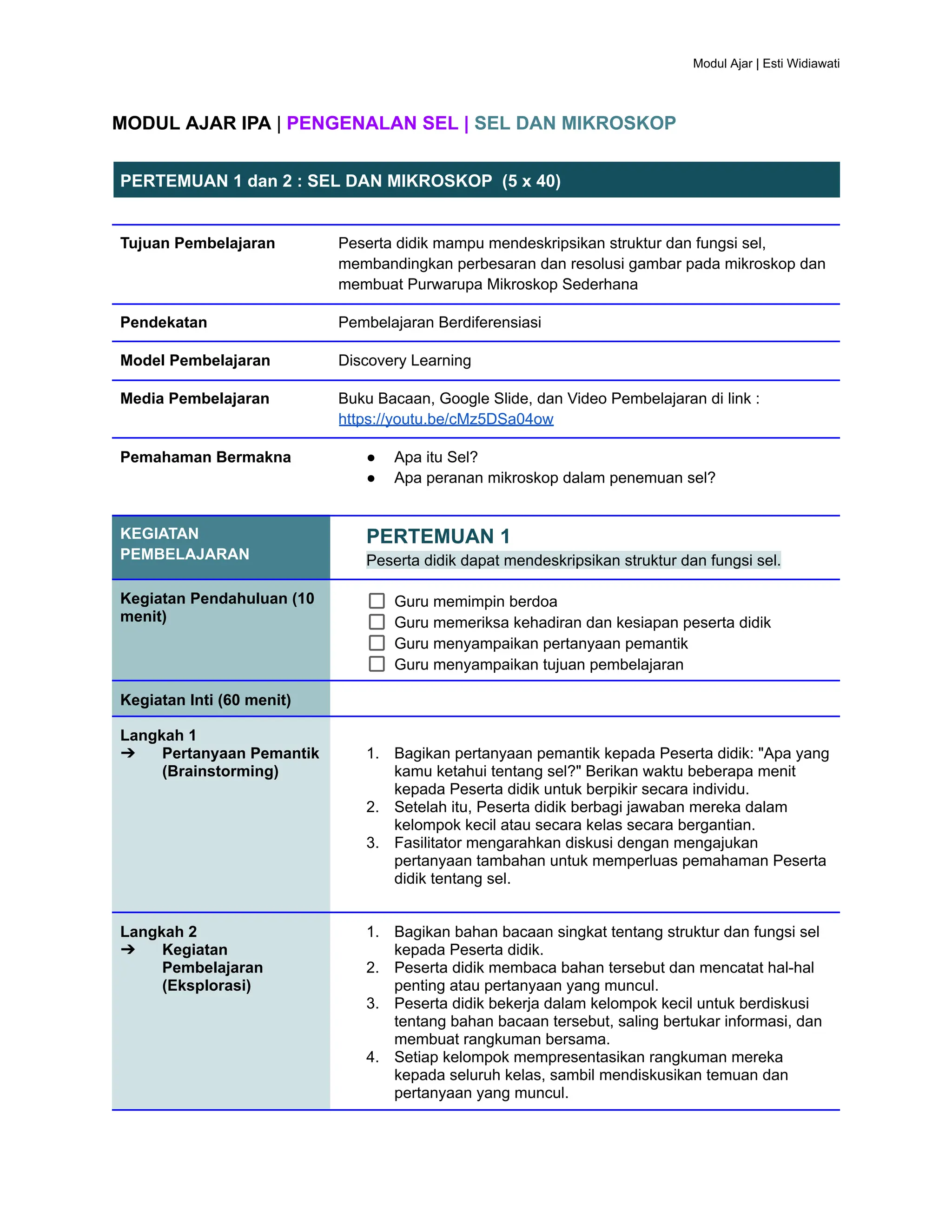 Modul Ajar Ilmu Pengetahuan Alam (IPA) - Mengenal Sel sebagai Unit Terkecil Kehidupan - Fase D.pdf