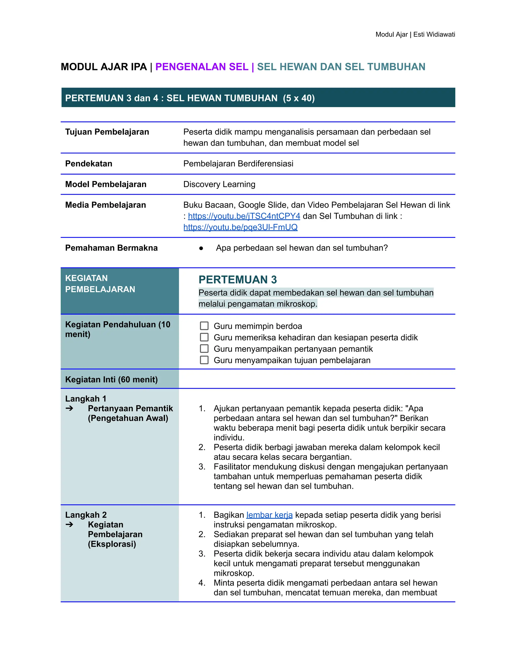 Modul Ajar Ilmu Pengetahuan Alam (IPA) - Mengenal Sel sebagai Unit Terkecil Kehidupan - Fase D.pdf