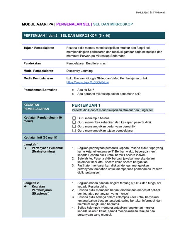 Modul Ajar Ilmu Pengetahuan Alam (IPA) - Mengenal Sel sebagai Unit Terkecil Kehidupan - Fase D.pdf