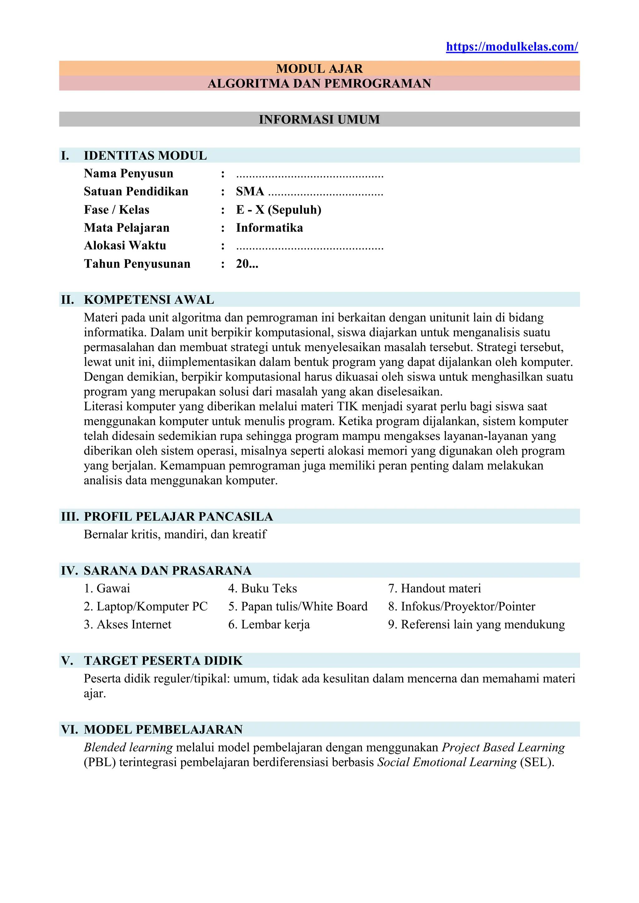 Modul Ajar Informatika Kelas 10 Fase E Kurikulum Merdeka | PDF