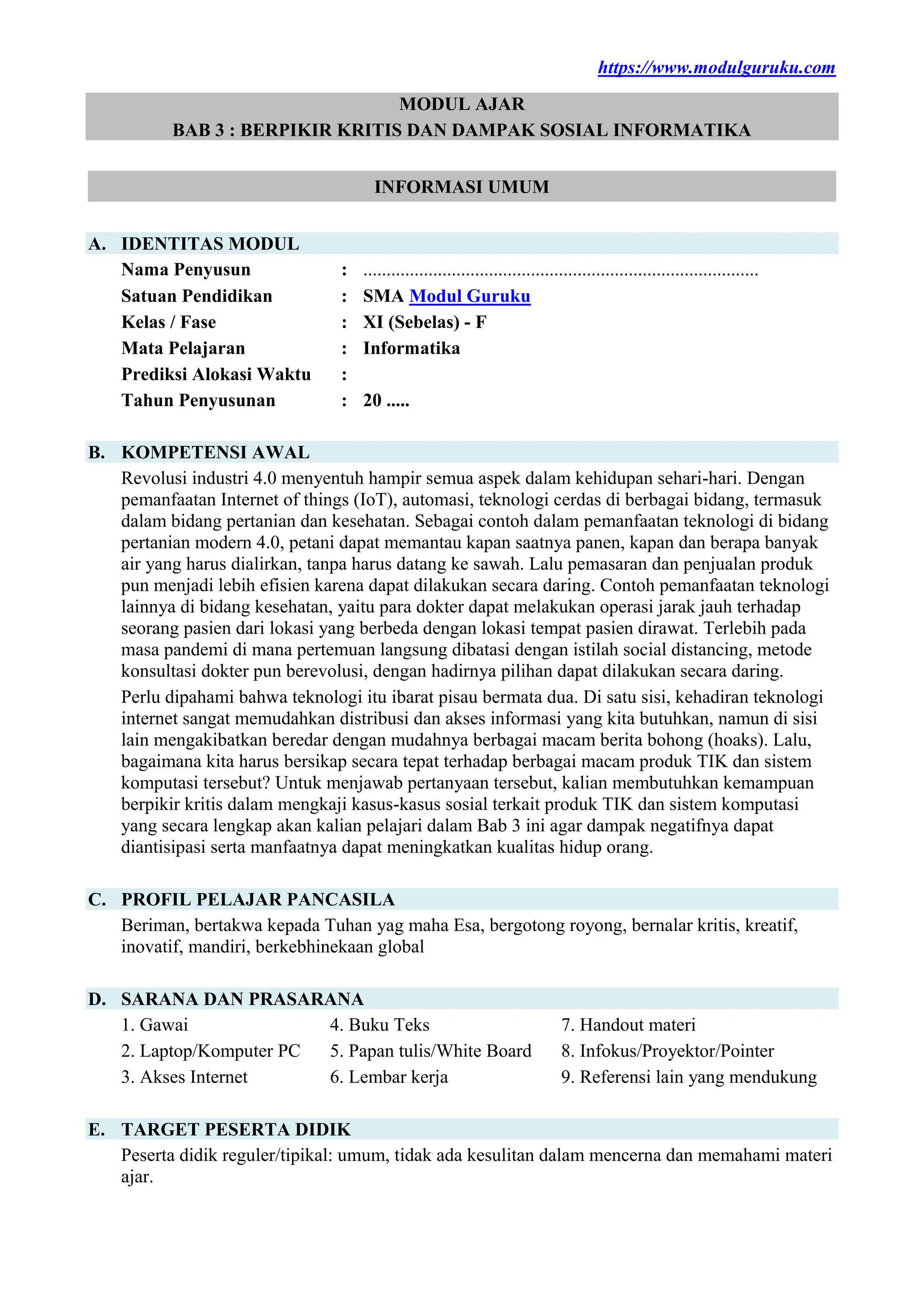 Modul Ajar Informatika Kelas 11 Fase F - [modulguruku.com] | PDF