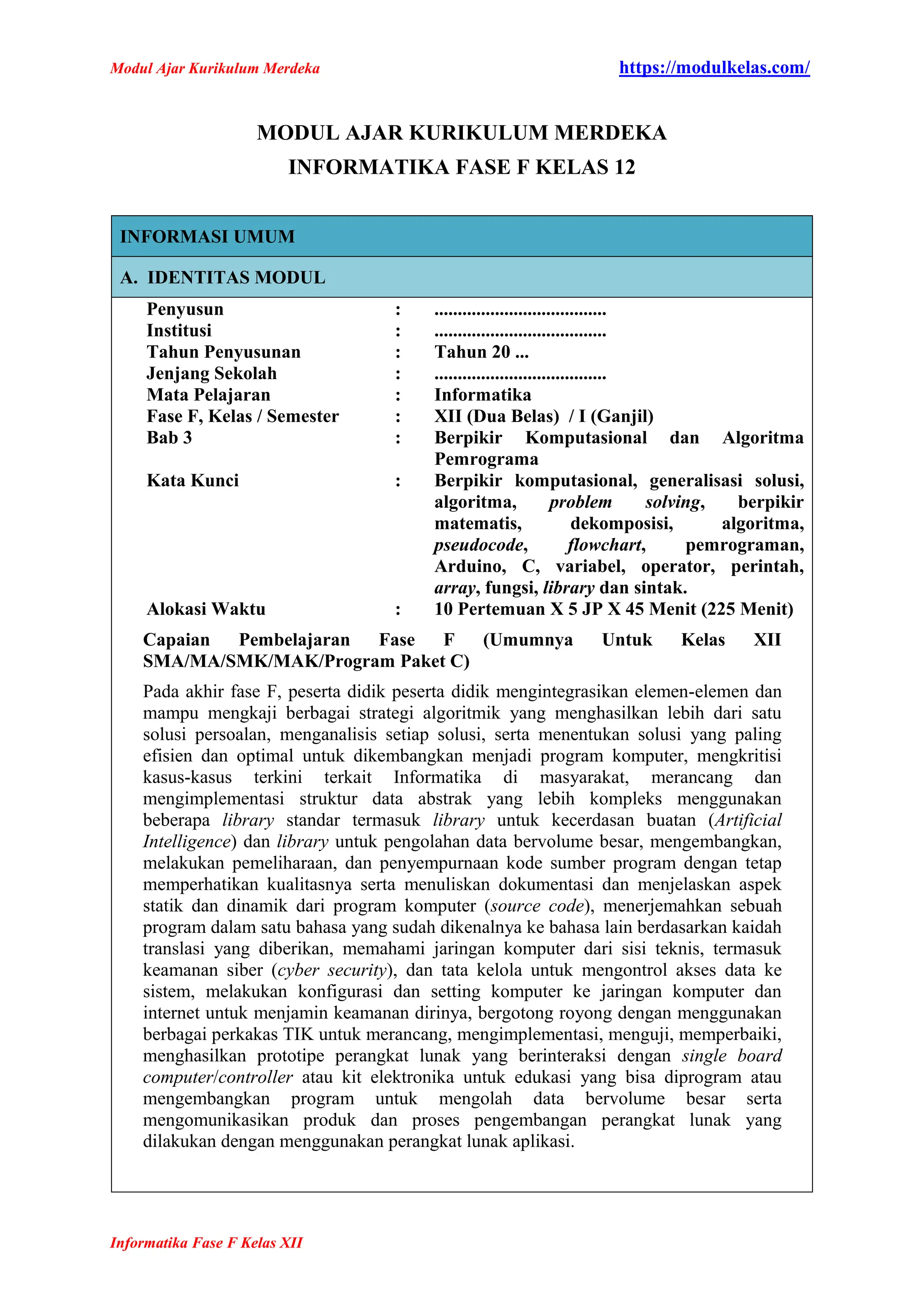 Modul Ajar Informatika Kelas 12 Fase F Kurikulum Merdeka - MODULKELAS.COM