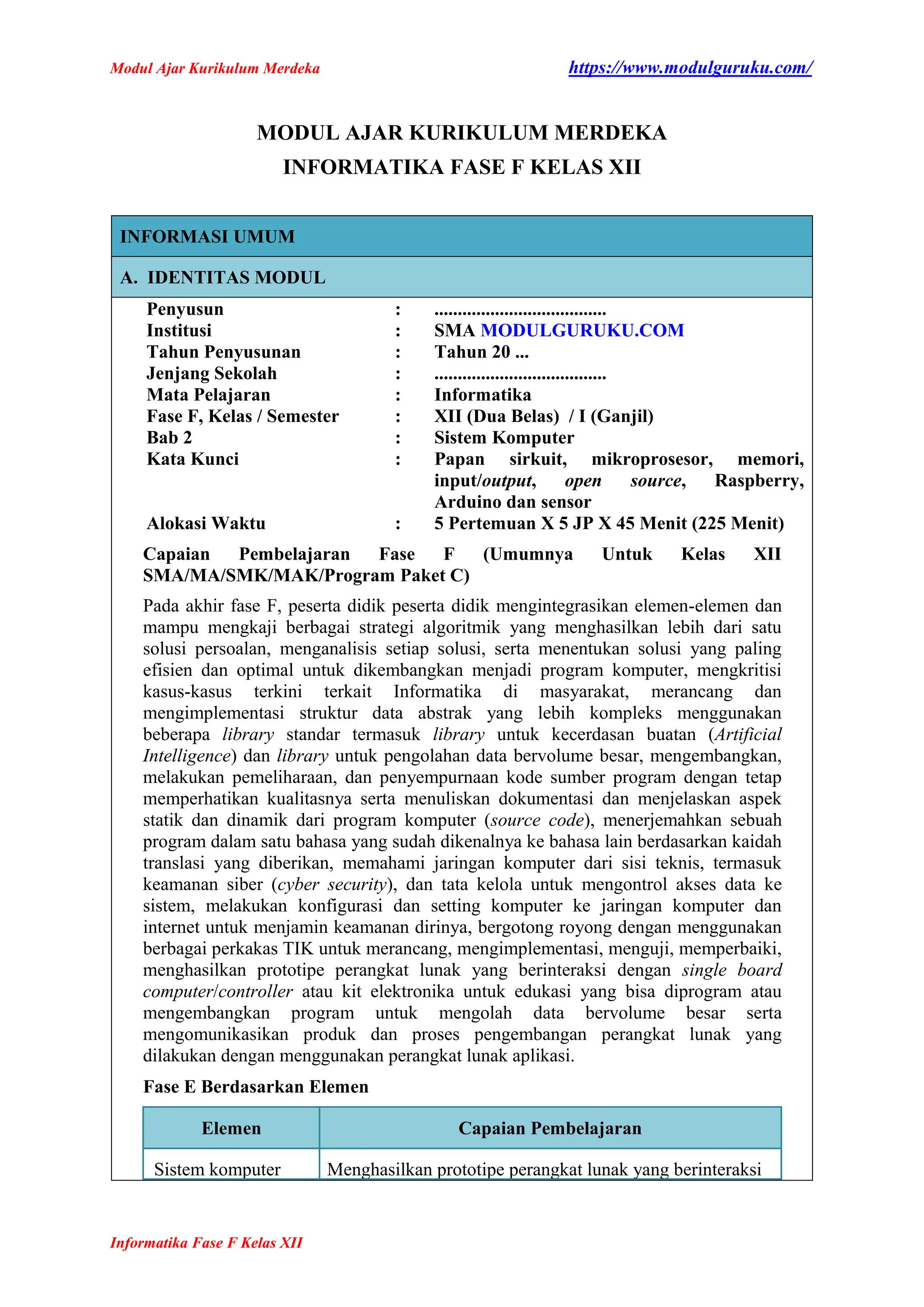 Modul Ajar Informatika Kelas 12 Fase F Kurikulum Merdeka | PDF