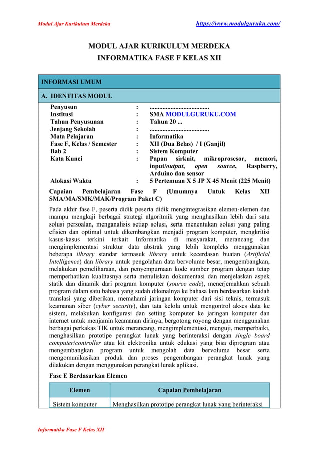 Modul Ajar Informatika Kelas 12 Fase F Kurikulum Merdeka | PDF