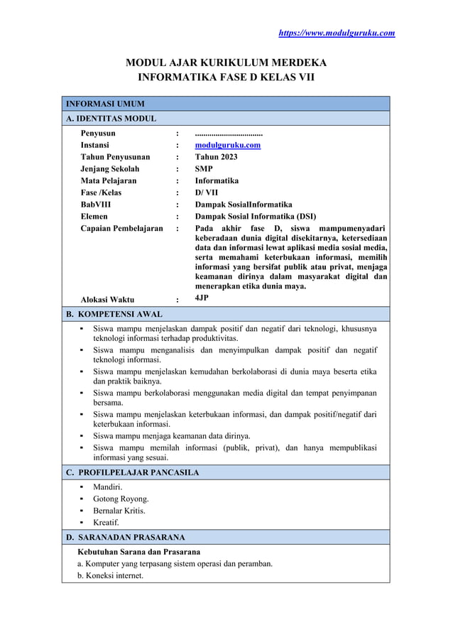 Modul Ajar Informatika Kelas 7 Fase D Bab 8 | DOCX