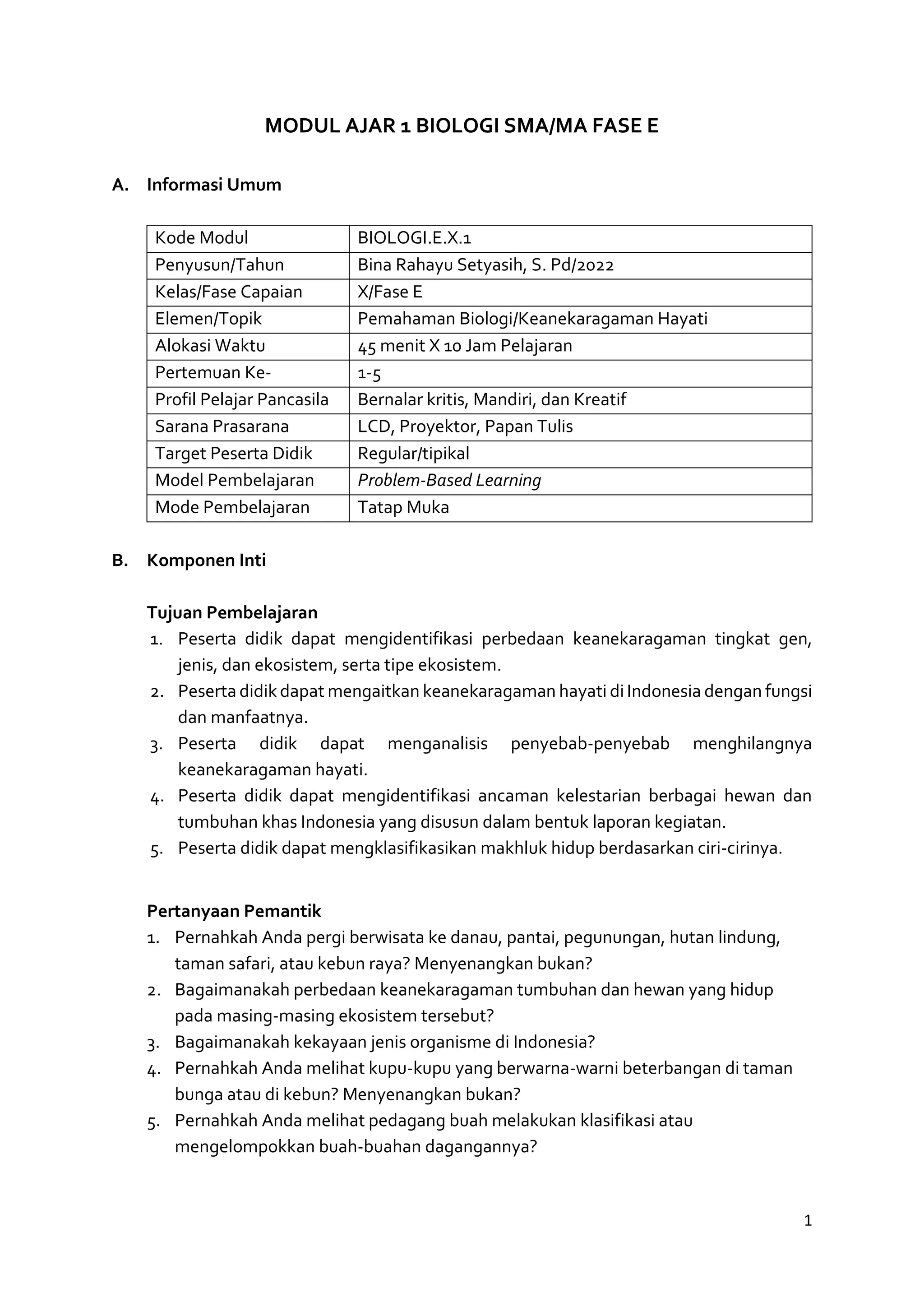 MODUL AJAR IPA BIOLOGI SMA KELAS X BAB 1.docx