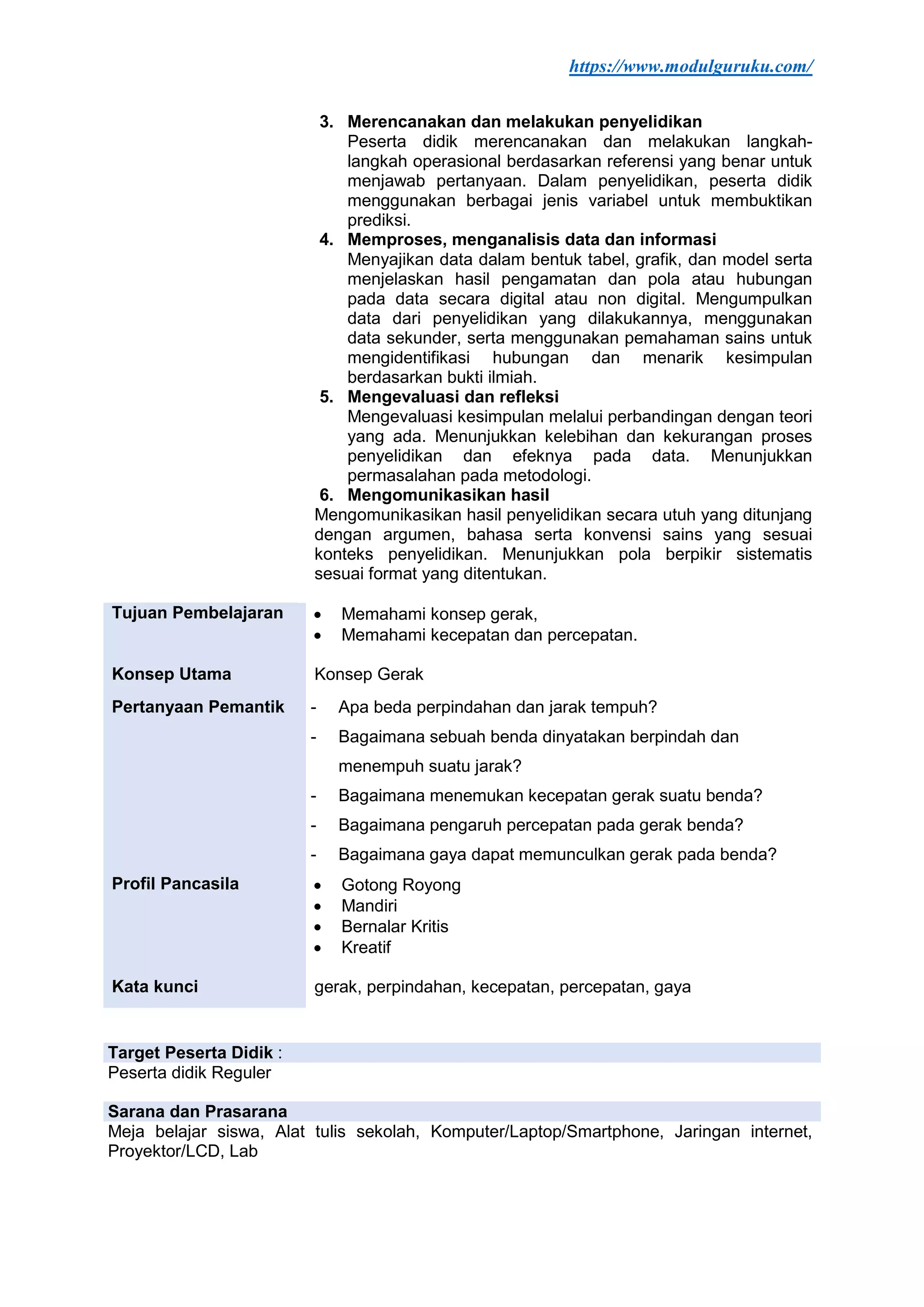 Modul Ajar IPA Kelas 7 SMP Bab 4 Gerak dan Gaya - A. Gerak Benda | DOCX