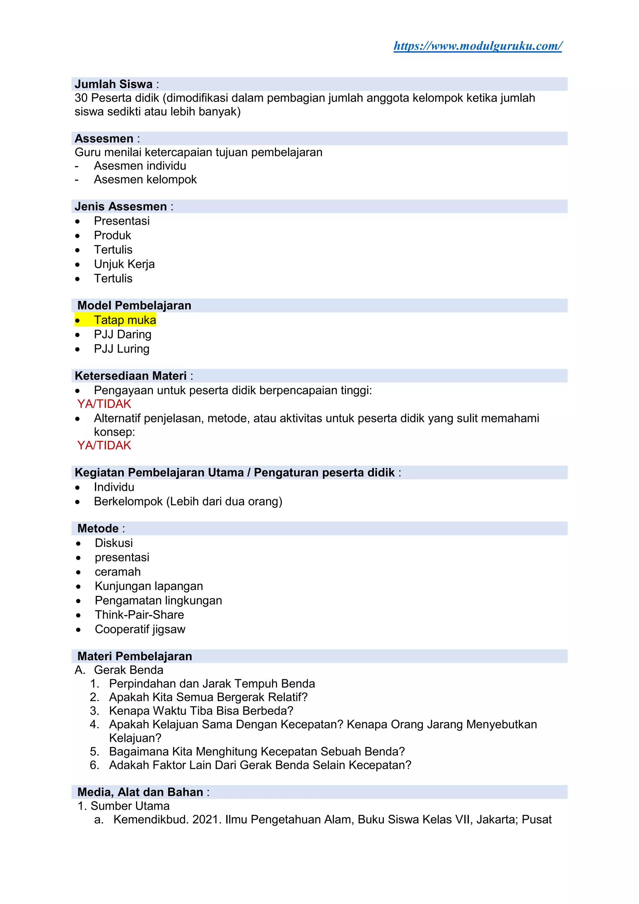 Modul Ajar IPA Kelas 7 SMP Bab 4 Gerak dan Gaya - A. Gerak Benda | DOCX