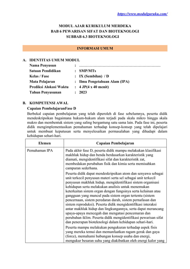Modul Ajar IPA Kelas 9 Fase D Kurikulum Merdeka | PDF