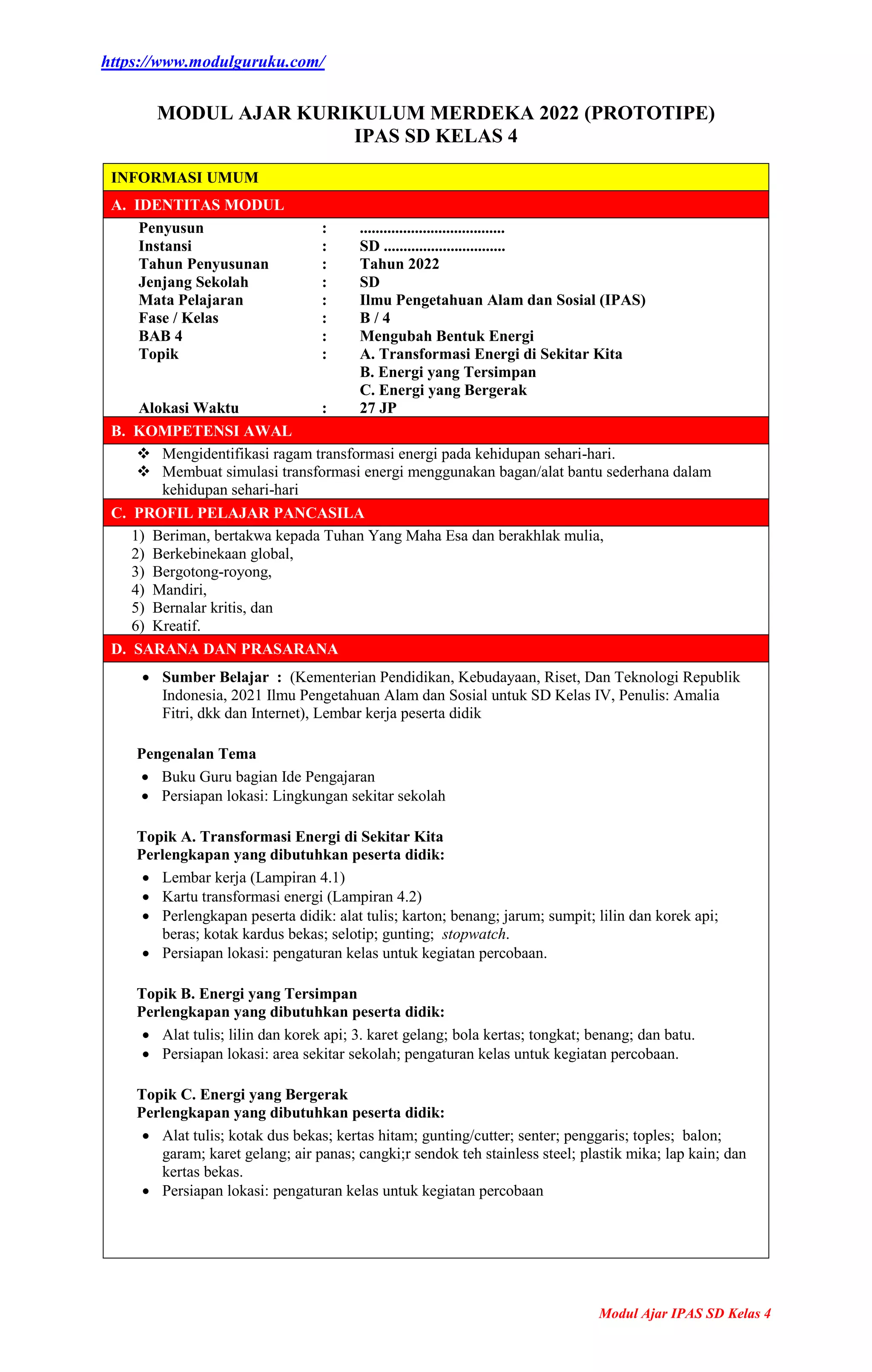 Modul Ajar IPAS (Ilmu Pengetahuan Alam dan Sosial) BAB 4 Kelas 4 | PDF