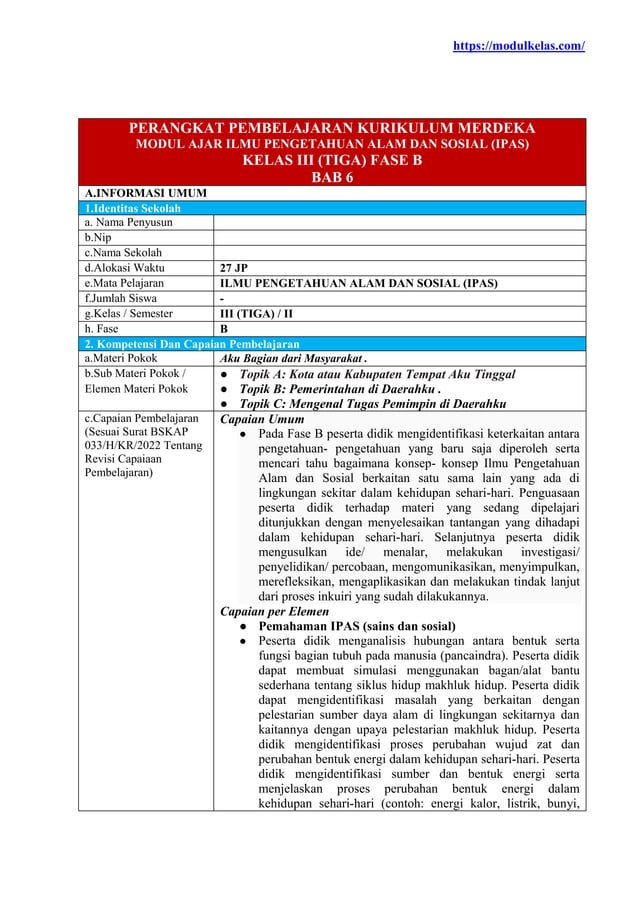 Modul Ajar IPAS Kelas 3 Fase B Kurikulum Merdeka | PDF