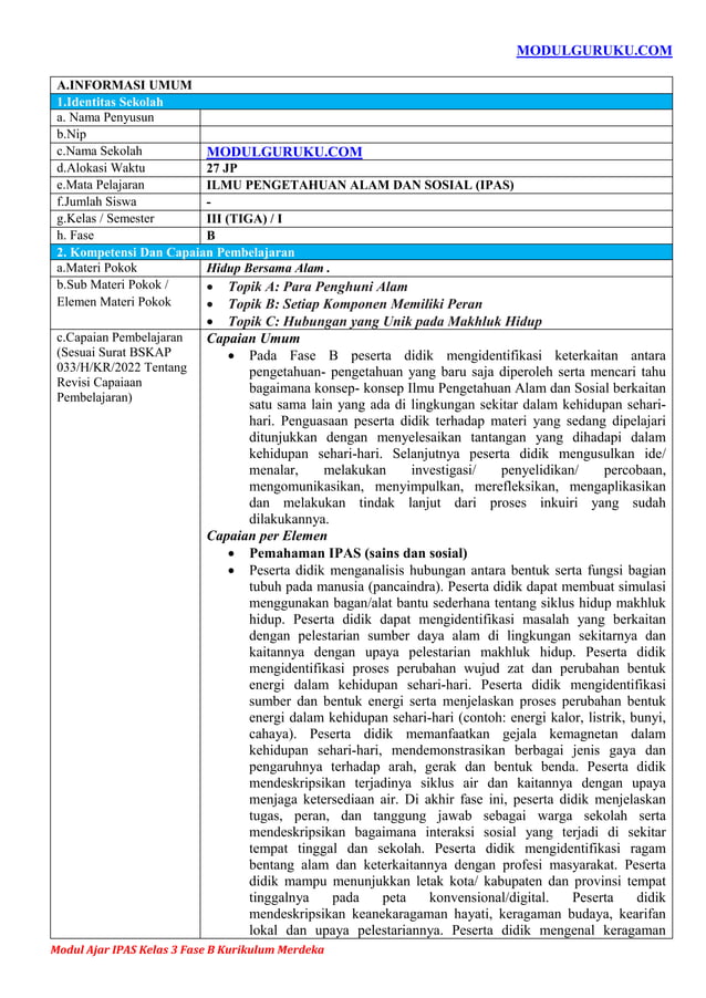 Modul Ajar IPAS Kelas 3 Fase B Kurikulum Merdeka | PDF