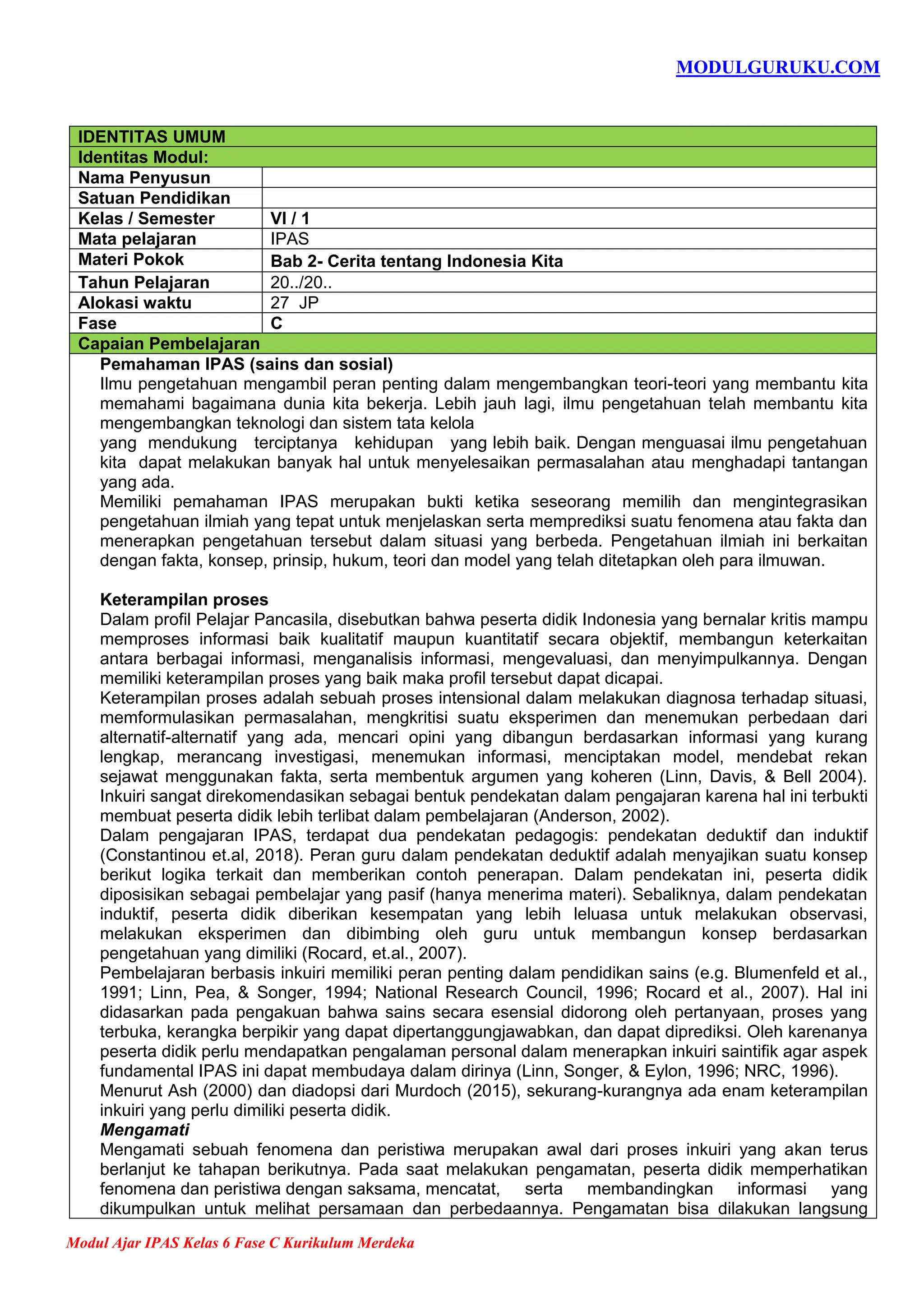 Modul Ajar IPAS Kelas 6 Fase C Kurikulum Merdeka | PDF
