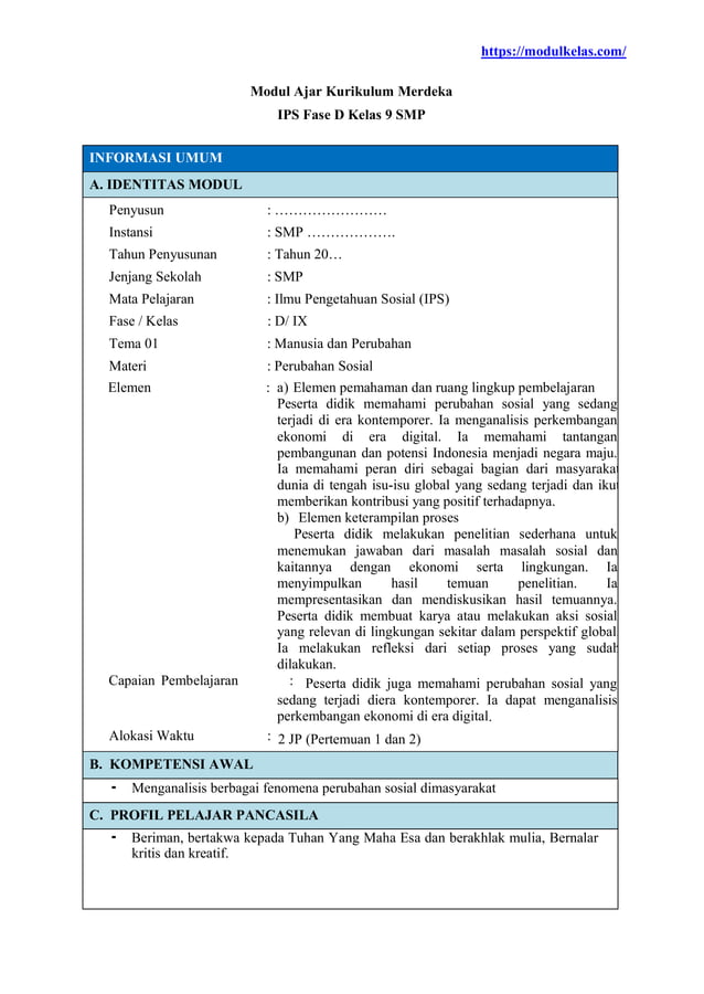 Modul Ajar IPS Kelas 9 Fase D Kurikulum Merdeka | PDF