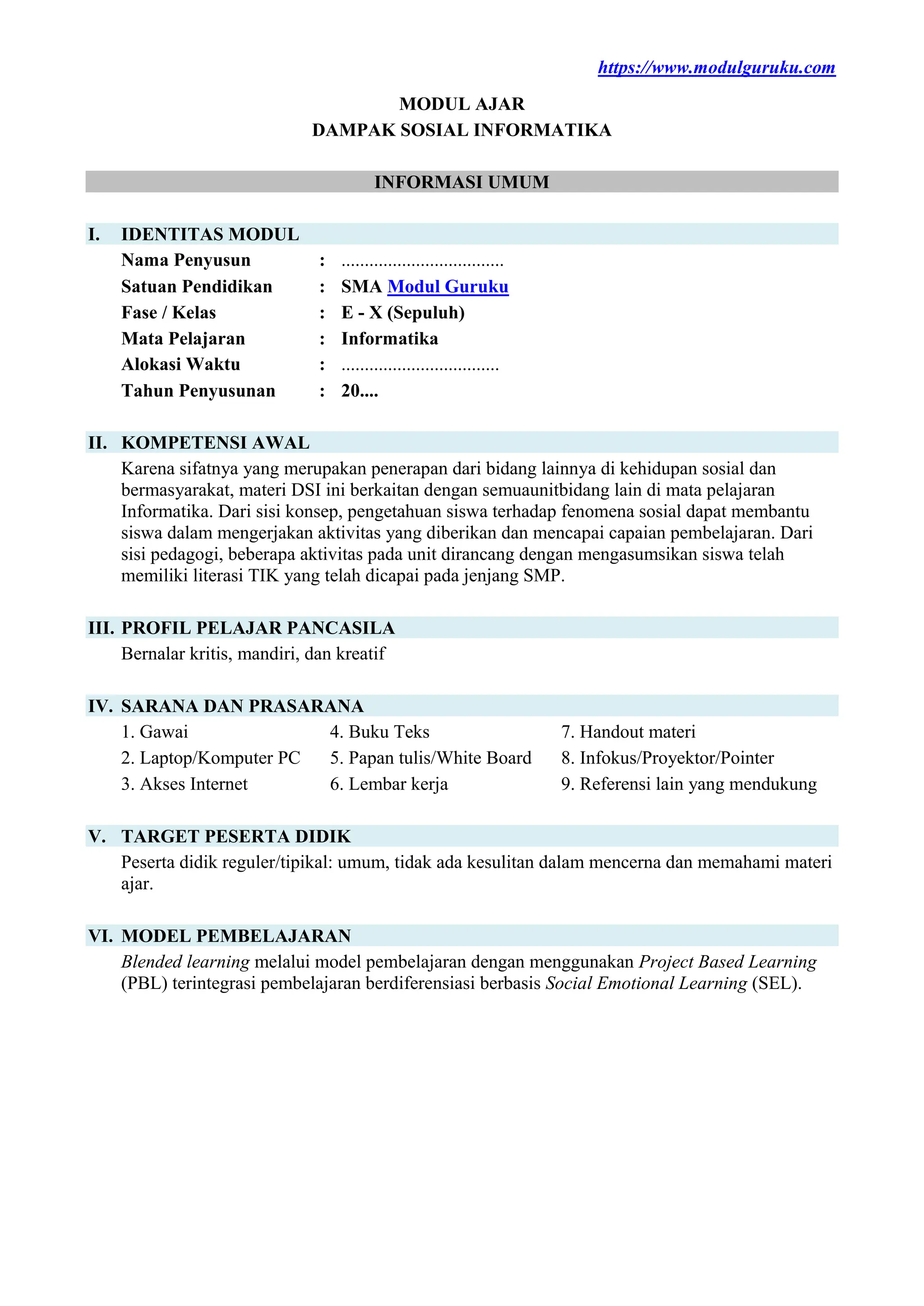 Modul Ajar Kelas 10 Informatika Fase E Kurikulum Merdeka | PDF