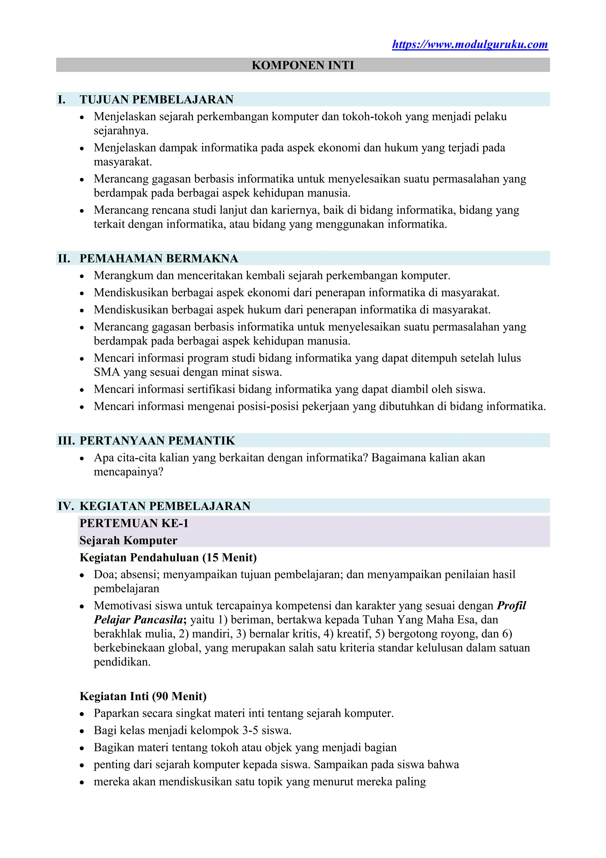 Modul Ajar Kelas 10 Informatika Fase E Kurikulum Merdeka | PDF