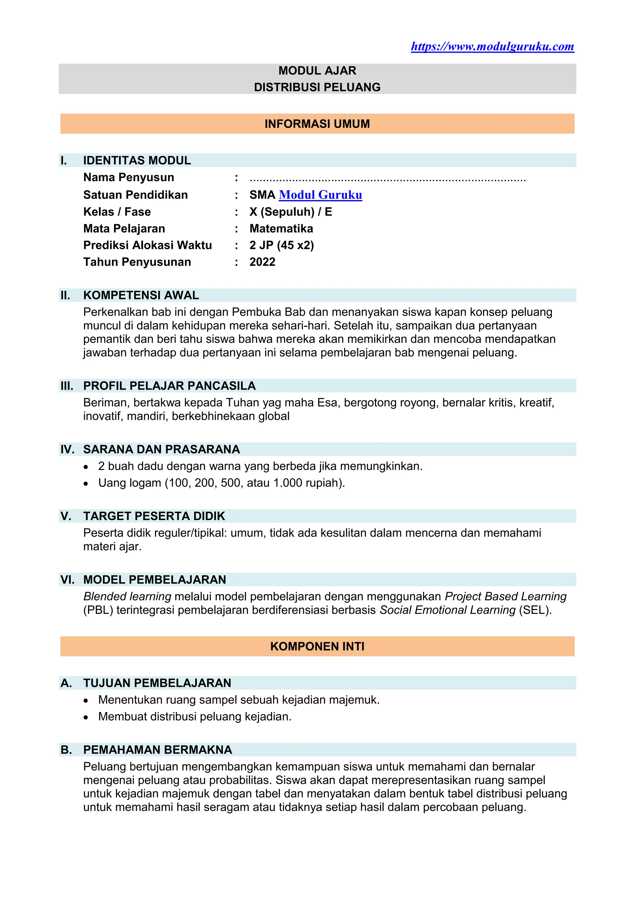 Modul Ajar Kelas 10 Matematika Fase E Kurikulum Merdeka | PDF