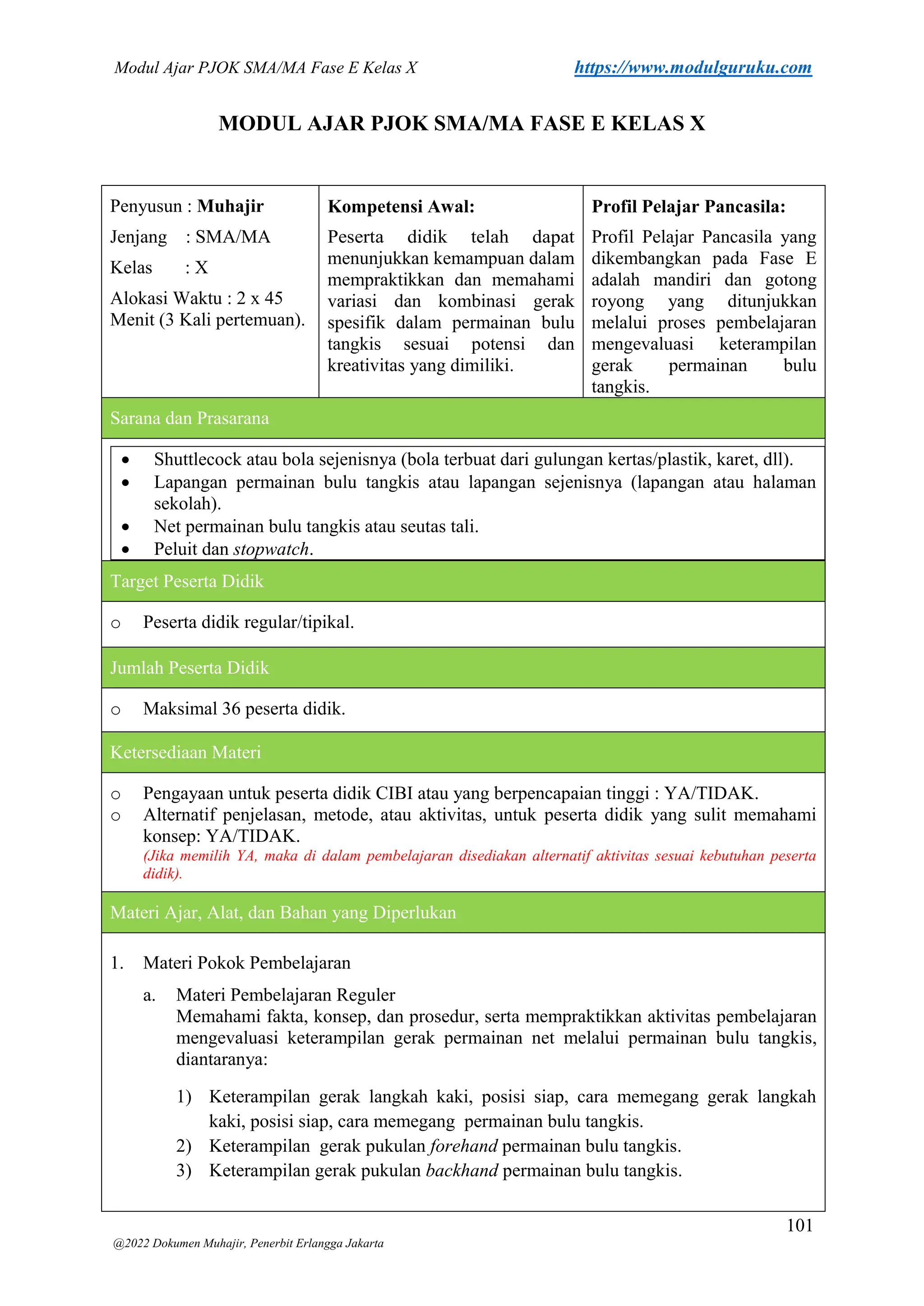 Modul Ajar Kelas 10 PJOK Fase E Kurikulum Merdeka | PDF