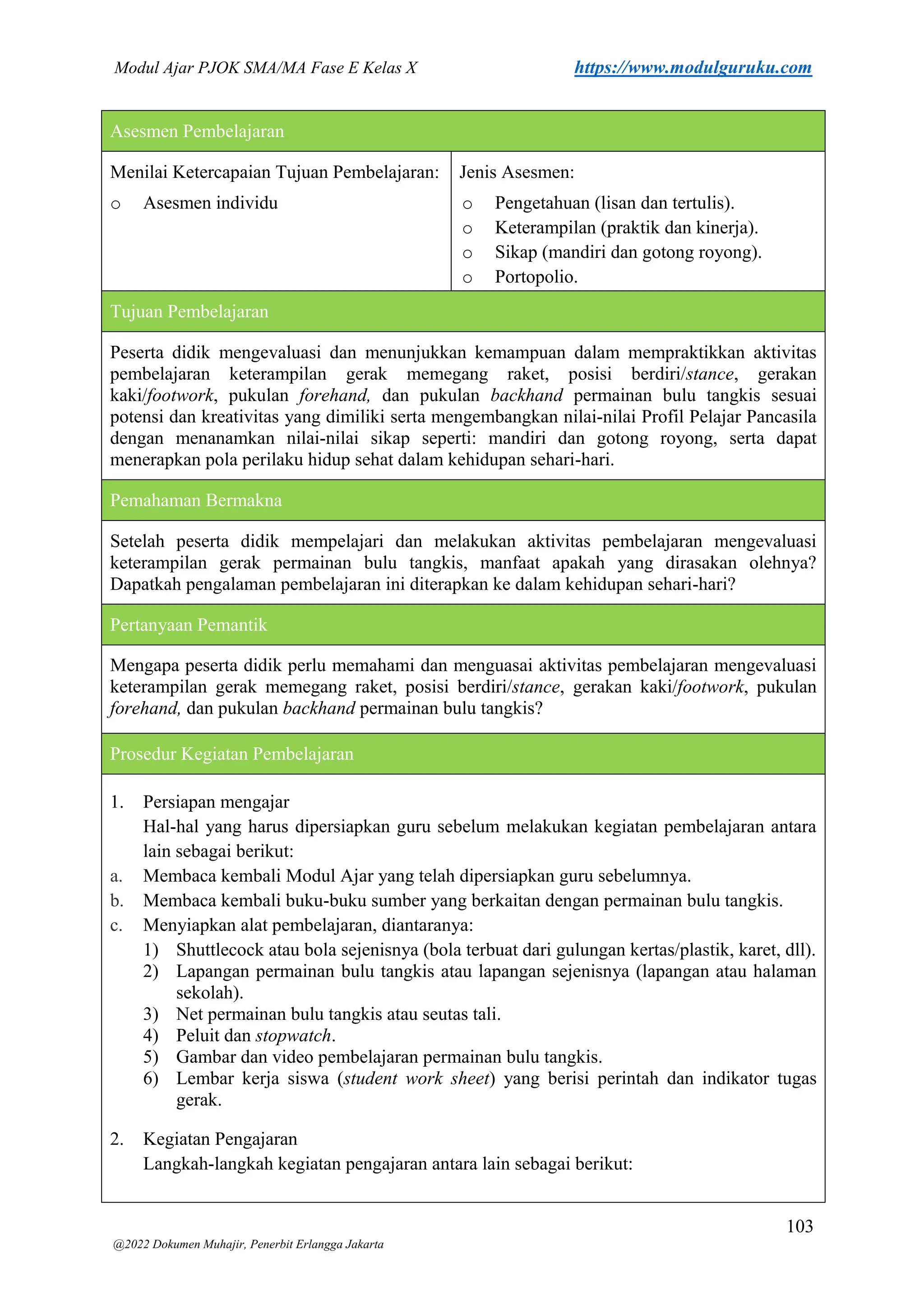 Modul Ajar Kelas 10 PJOK Fase E Kurikulum Merdeka | PDF