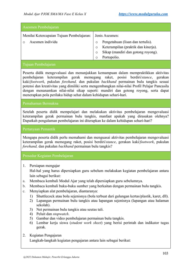 Modul Ajar Kelas 10 PJOK Fase E Kurikulum Merdeka | PDF