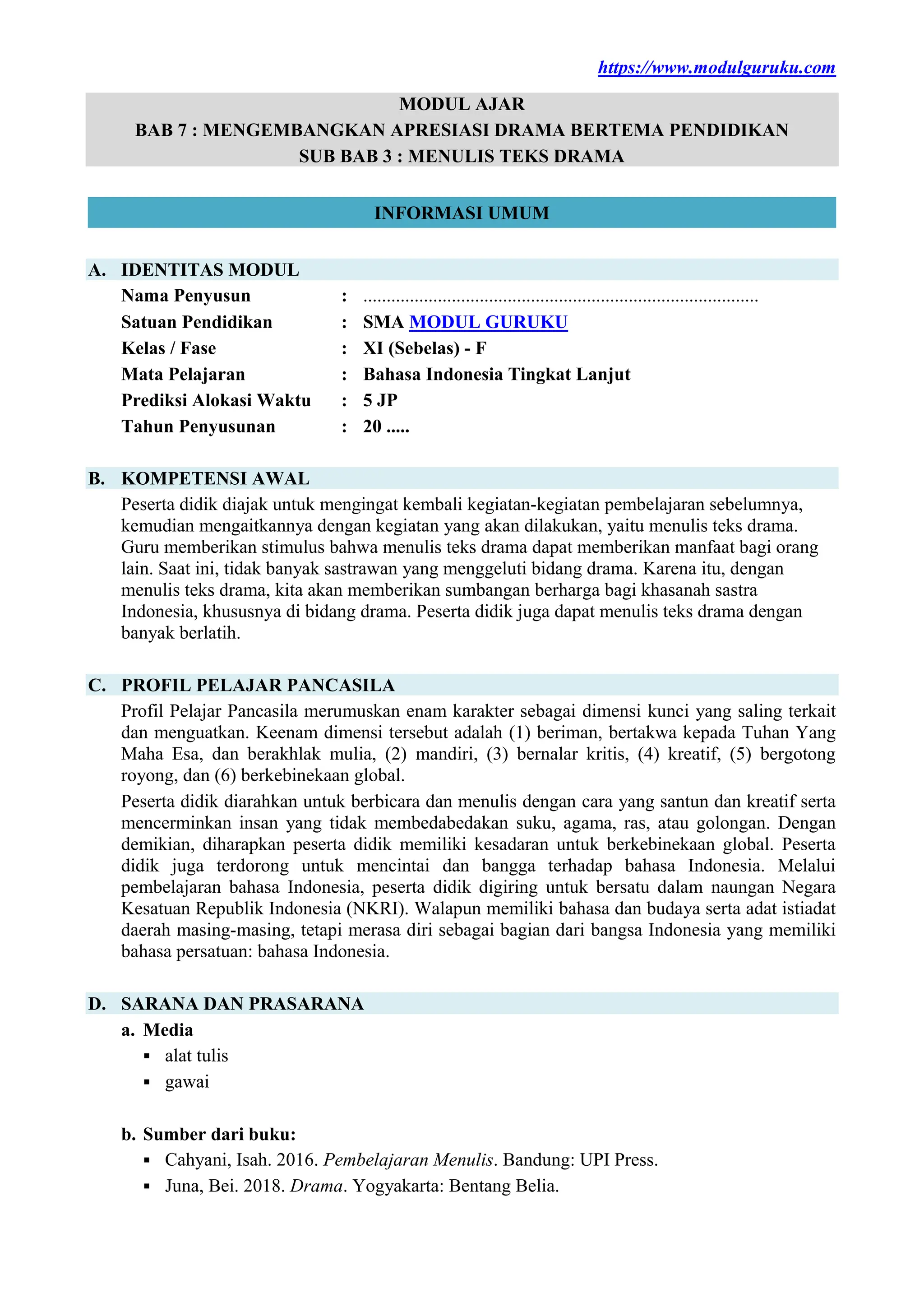 Modul Ajar Kelas 11 Bahasa Indonesia Tingkat Lanjut Fase F | PDF