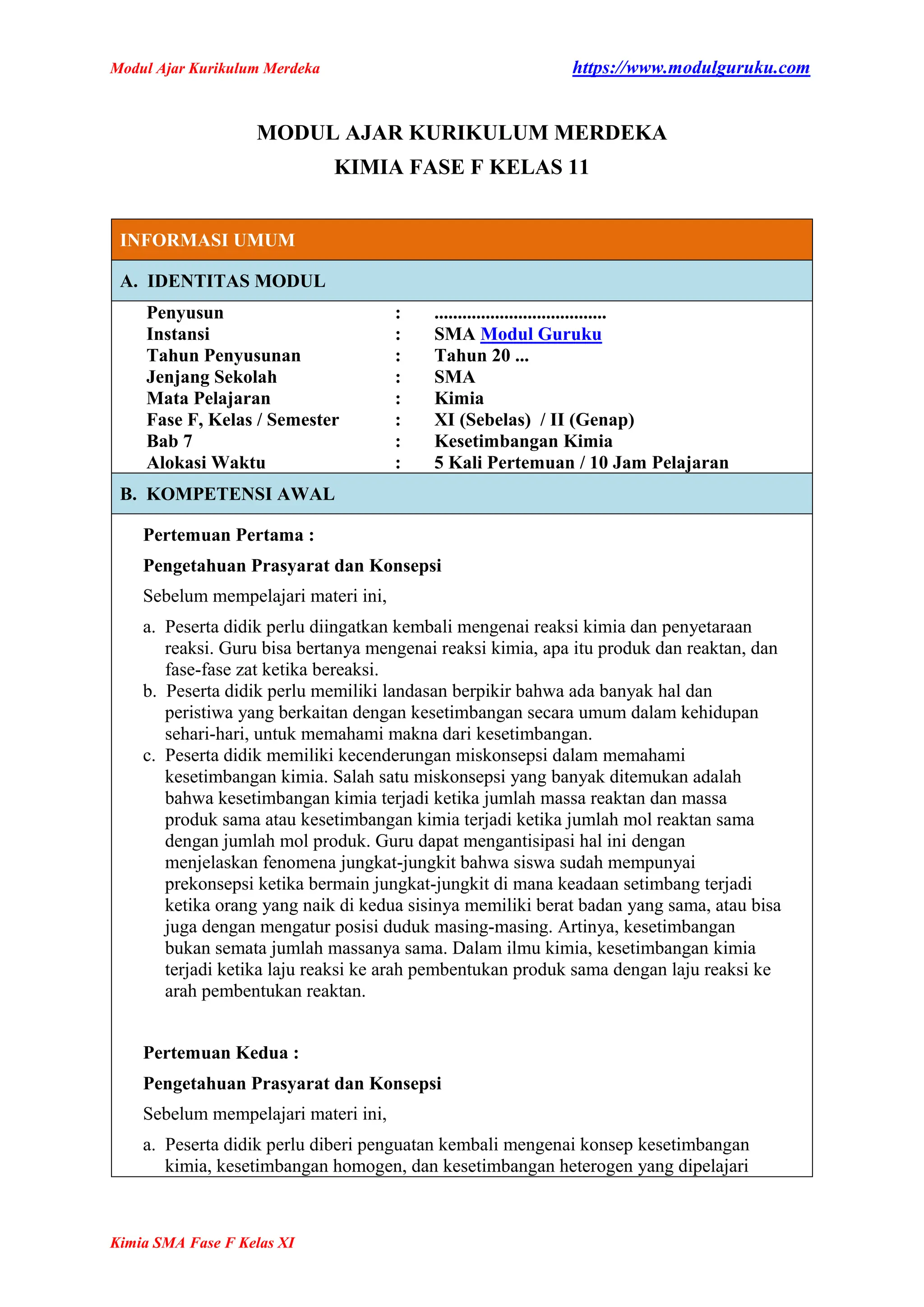 Modul Ajar Kelas 11 Kimia Fase F Kurikulum Merdeka | PDF