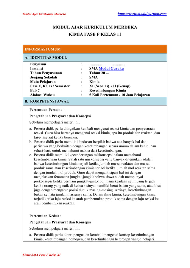 Modul Ajar Kelas 11 Kimia Fase F Kurikulum Merdeka | PDF