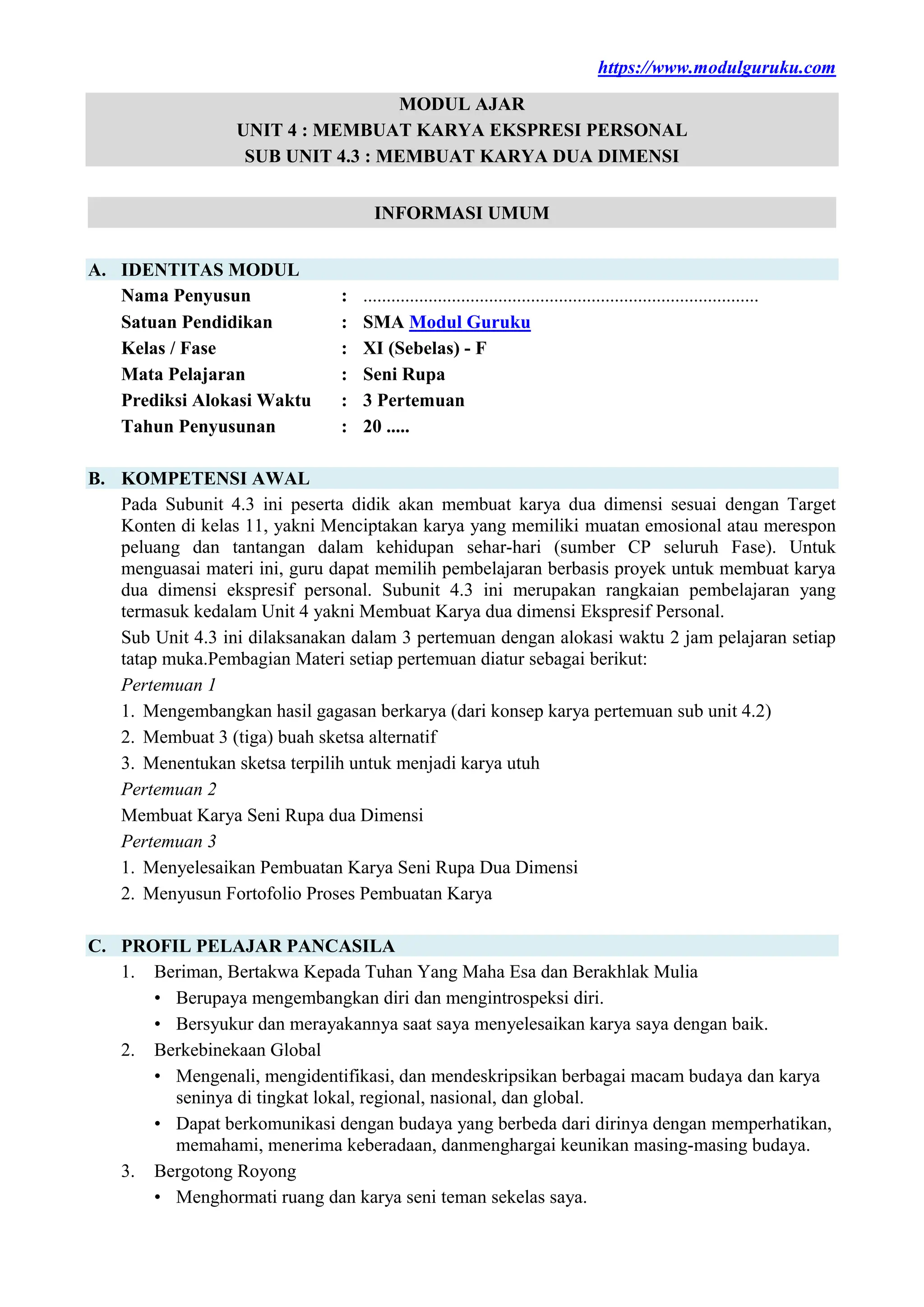 Modul Ajar Kelas 11 Seni Rupa Fase F Kurikulum Merdeka | PDF