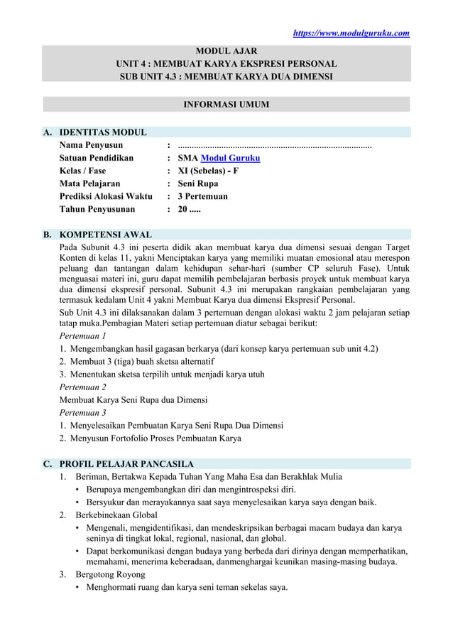 Modul Ajar Kelas 11 Seni Rupa Fase F Kurikulum Merdeka | PDF