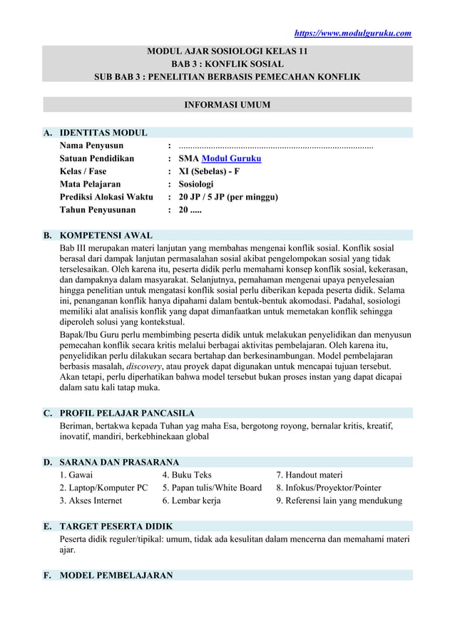 Modul Ajar Kelas 11 Sosiologi Fase F Kurikulum Merdeka | PDF