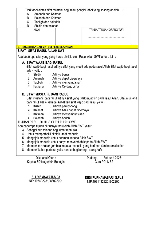 MODUL AJAR KELAS 4 SIFAT -SIFAT RASUL ALLAH SWT dan TUJUAN RASUL DIUTUS ...