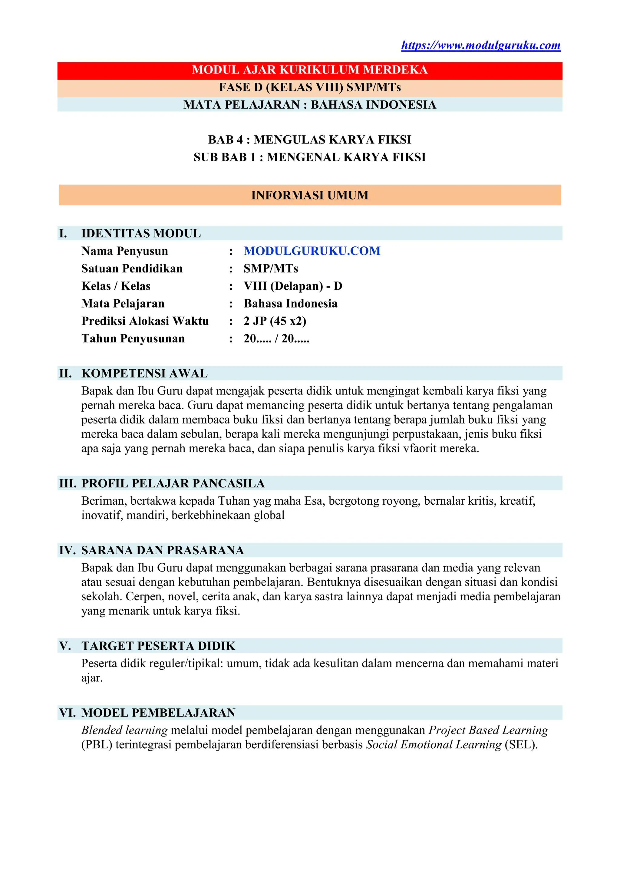 Modul Ajar Kelas 8 SMP Bahasa Indonesia Fase D | DOCX