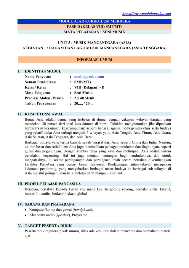 Modul Ajar Kelas 8 SMP Seni Musik Fase D | DOCX