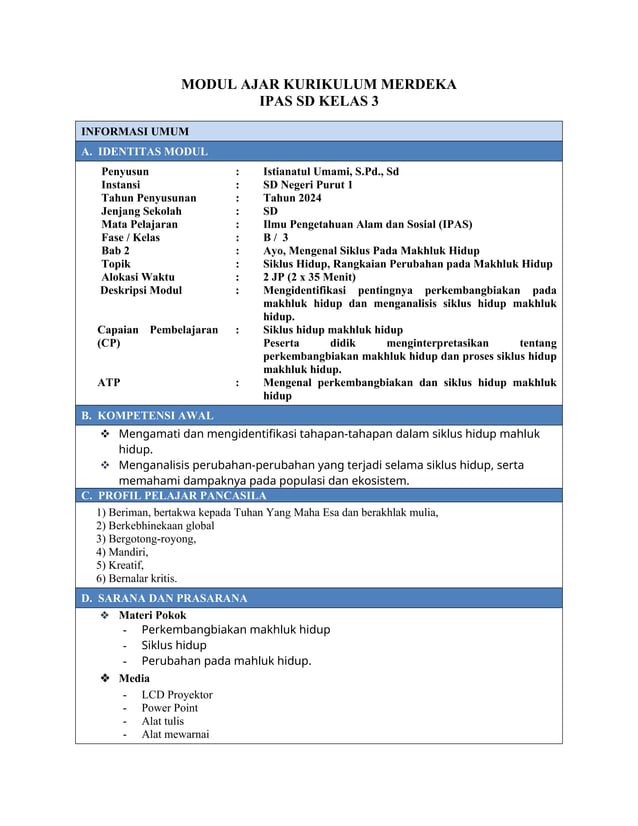 MODUL AJAR KELAS III KURIKULUM MERDEKA TAHUN PELAJARAN 2024/2025 | DOCX